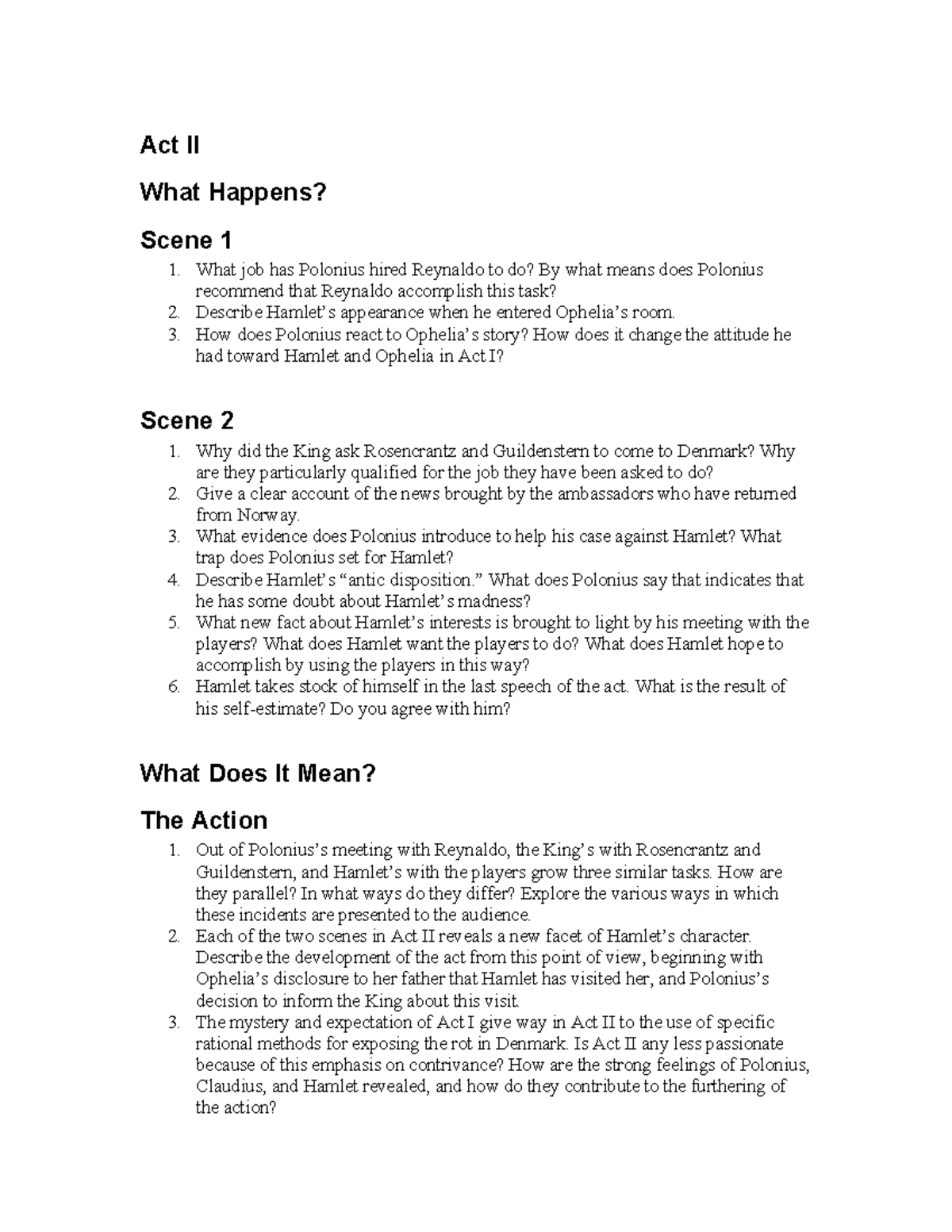 Hamlet Act 2 Questions for analysis - Act II What Happens? Scene 1 What ...