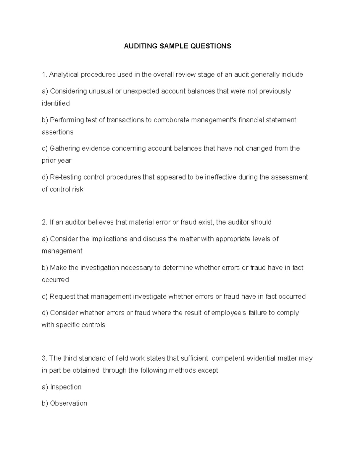 Auditing Sample Questions - AUDITING SAMPLE QUESTIONS Analytical procedures used in the overall ...