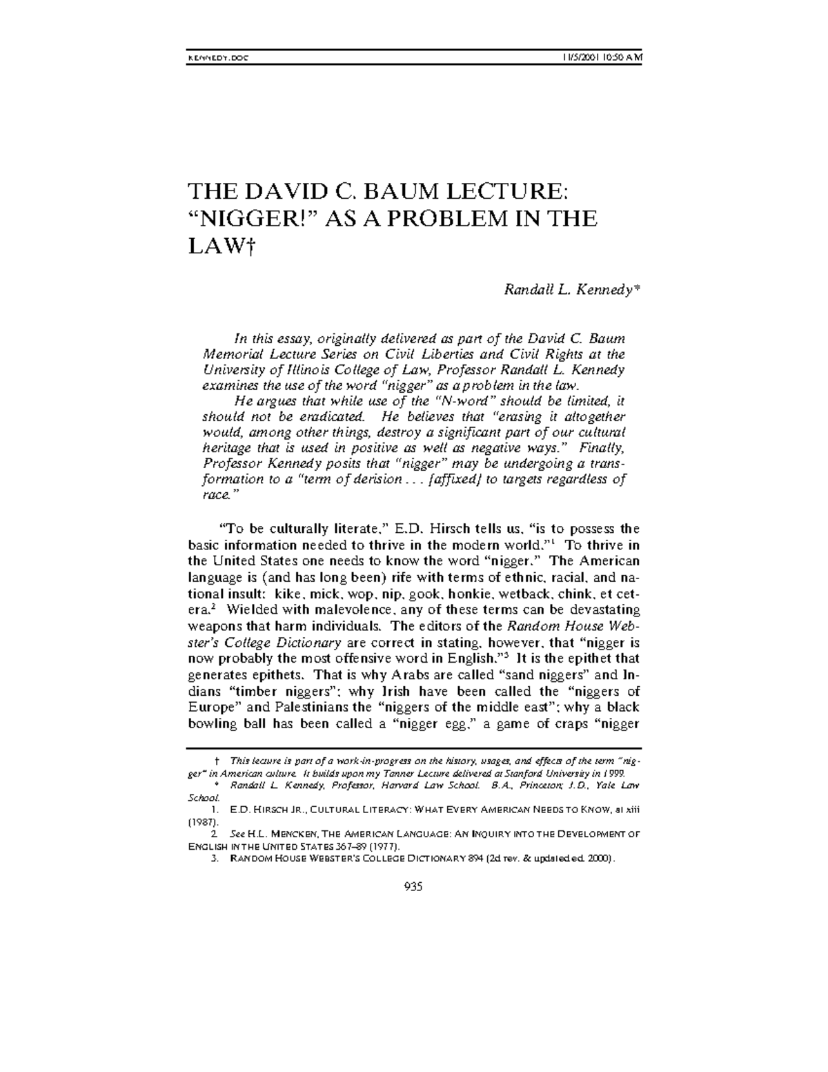 Kennedy - 123 - 935 THE DAVID C. BAUM LECTURE: “NIGGER!” AS A PROBLEM ...