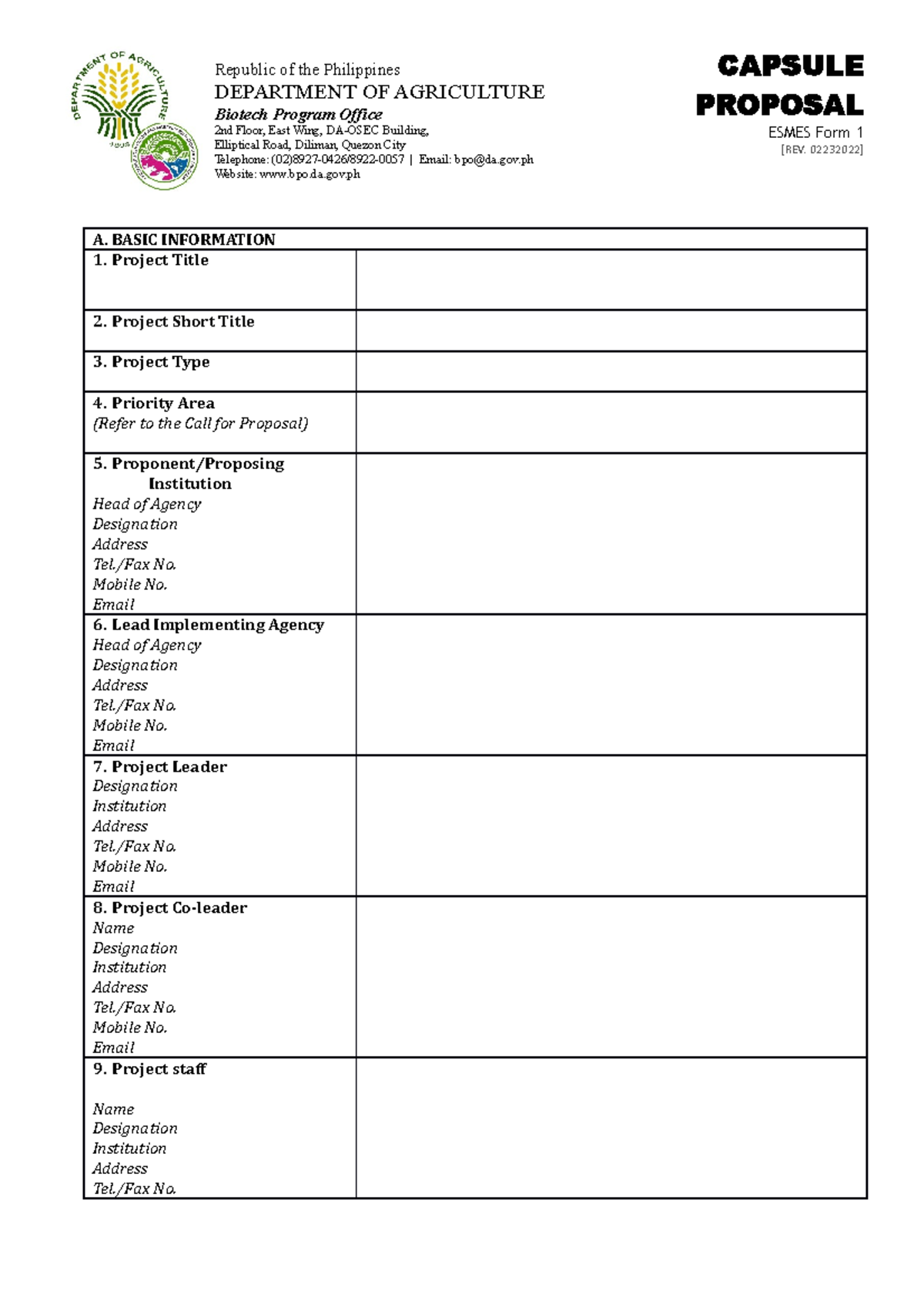 Esmes Form 1 - Capsule Proposal - Republic of the Philippines DEPARTMENT OF AGRICULTURE Biotech ...