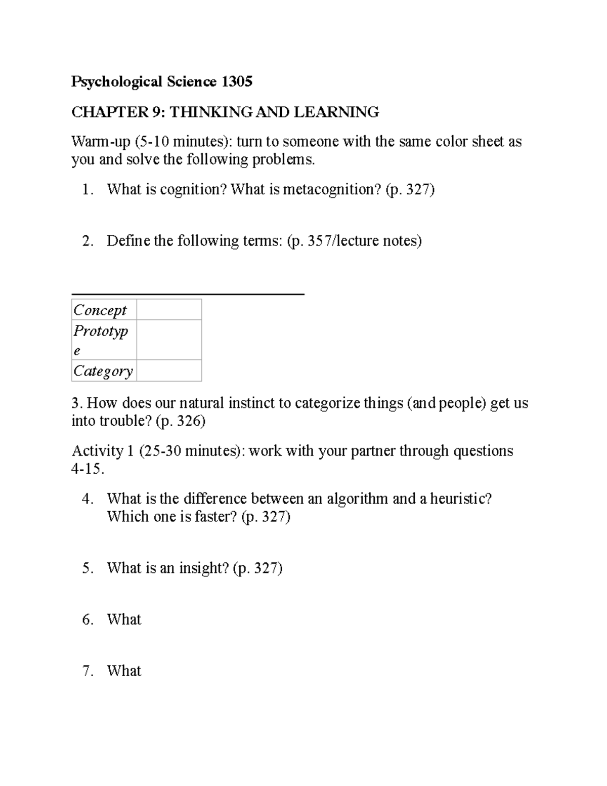 Chapter 9 test review - Psychological Science 1305 CHAPTER 9: THINKING ...