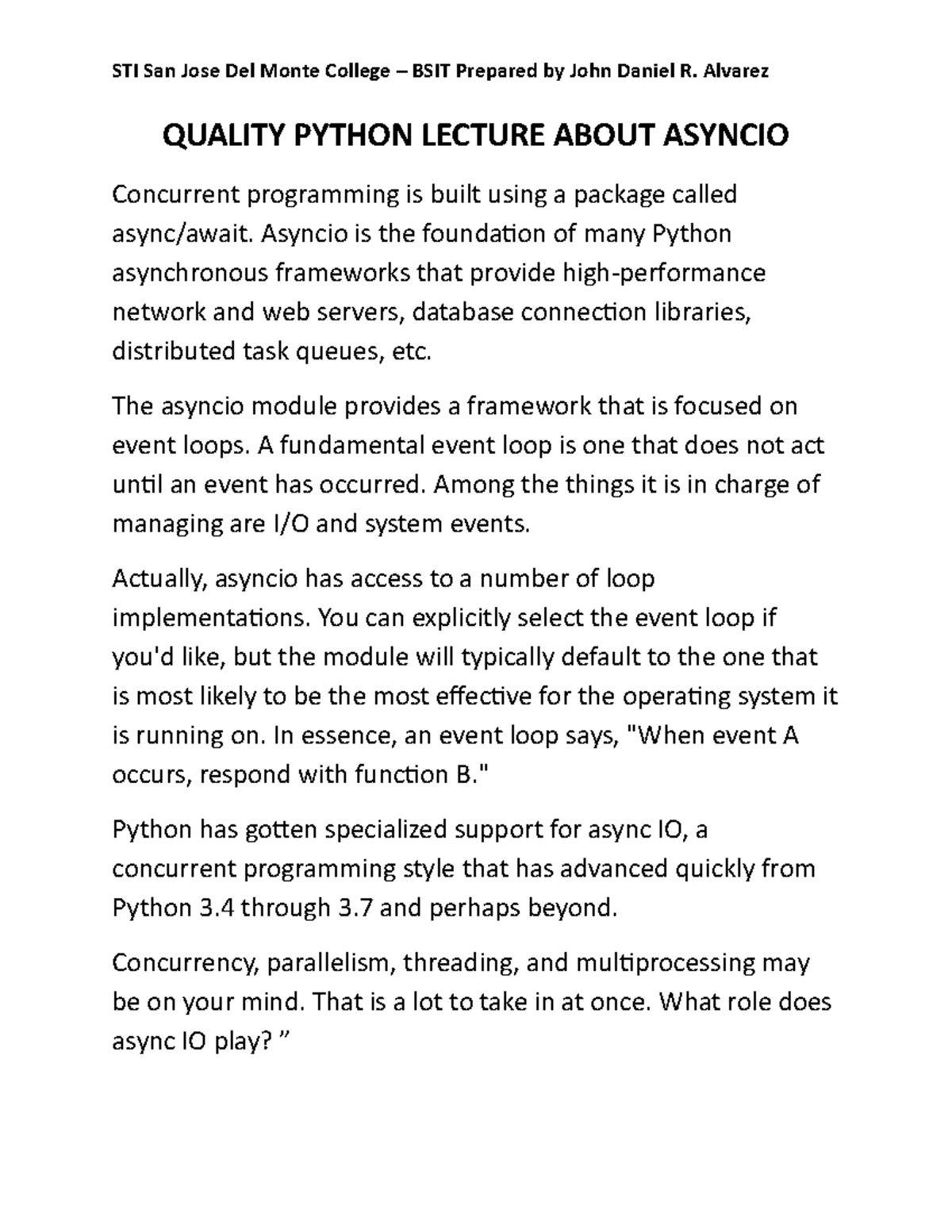 Quality Python Lecture about Asyncio - QUALITY PYTHON LECTURE ABOUT ASYNCIO Concurrent ...