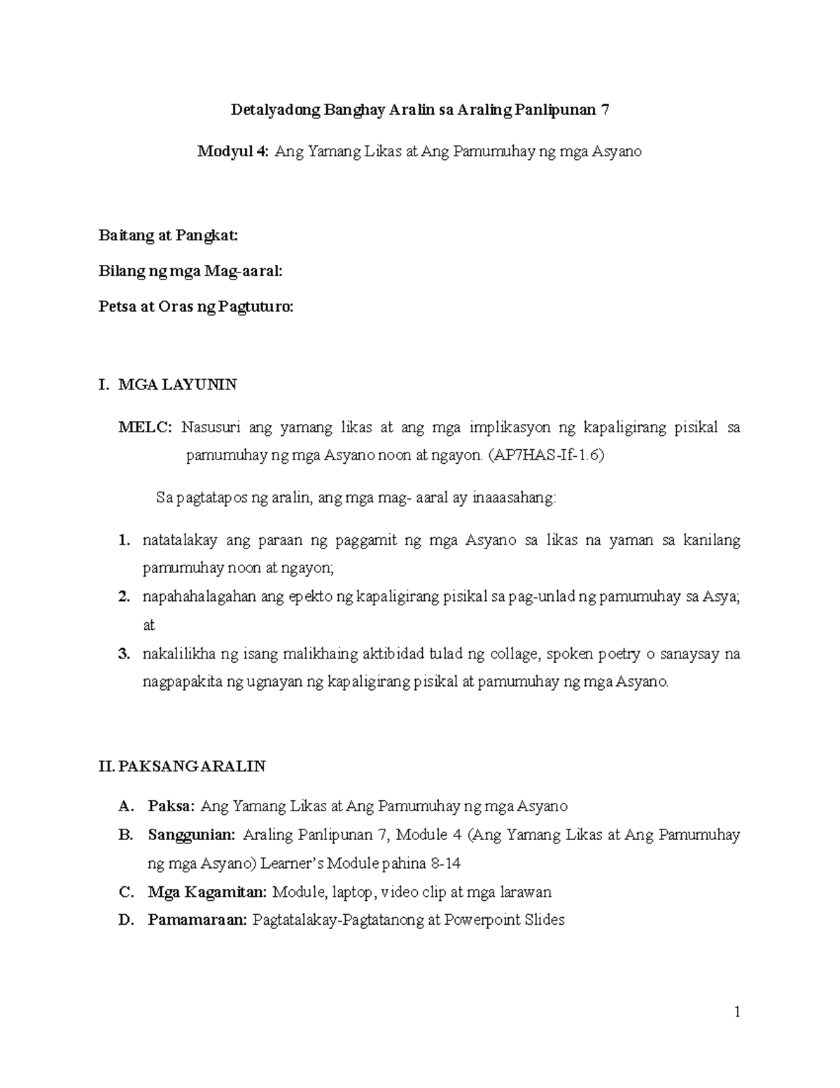 Lesson PLAN - (Q1- M4 Ang Yamang Likas at Ang Pamumuhay ng mga Asyano ...