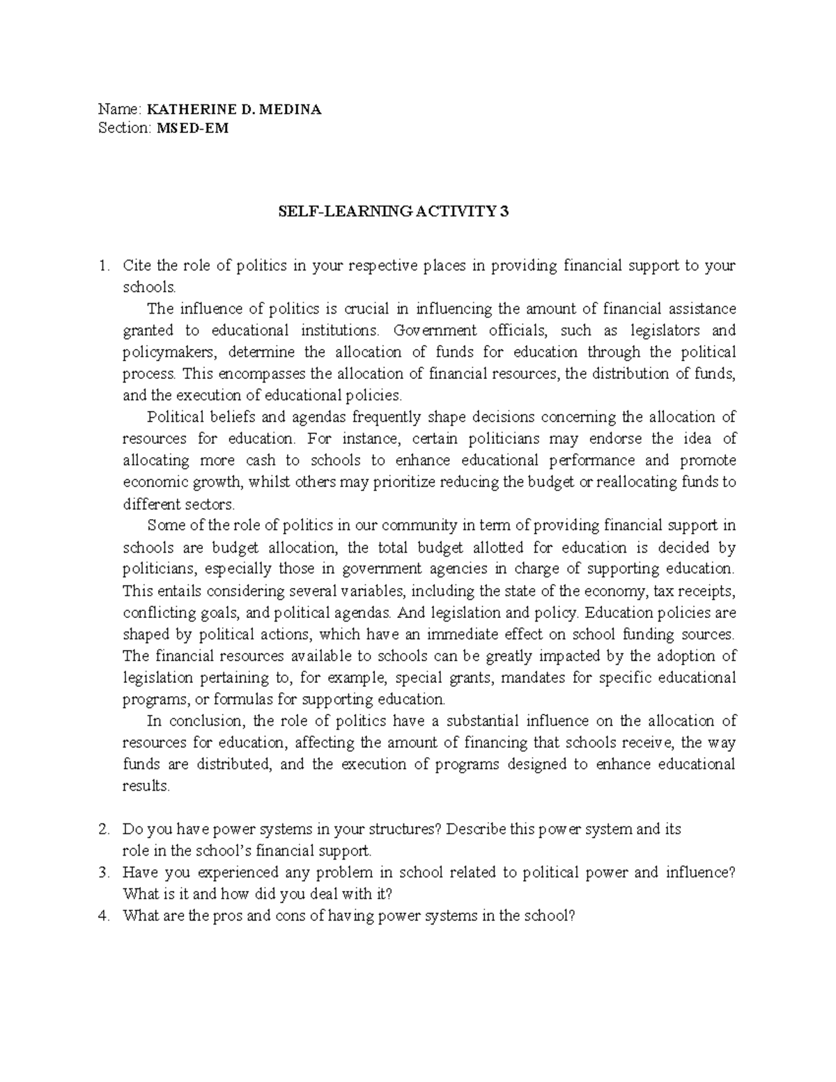 SELF Learning Activity 3 - Name: KATHERINE D. MEDINA Section: MSED-EM ...