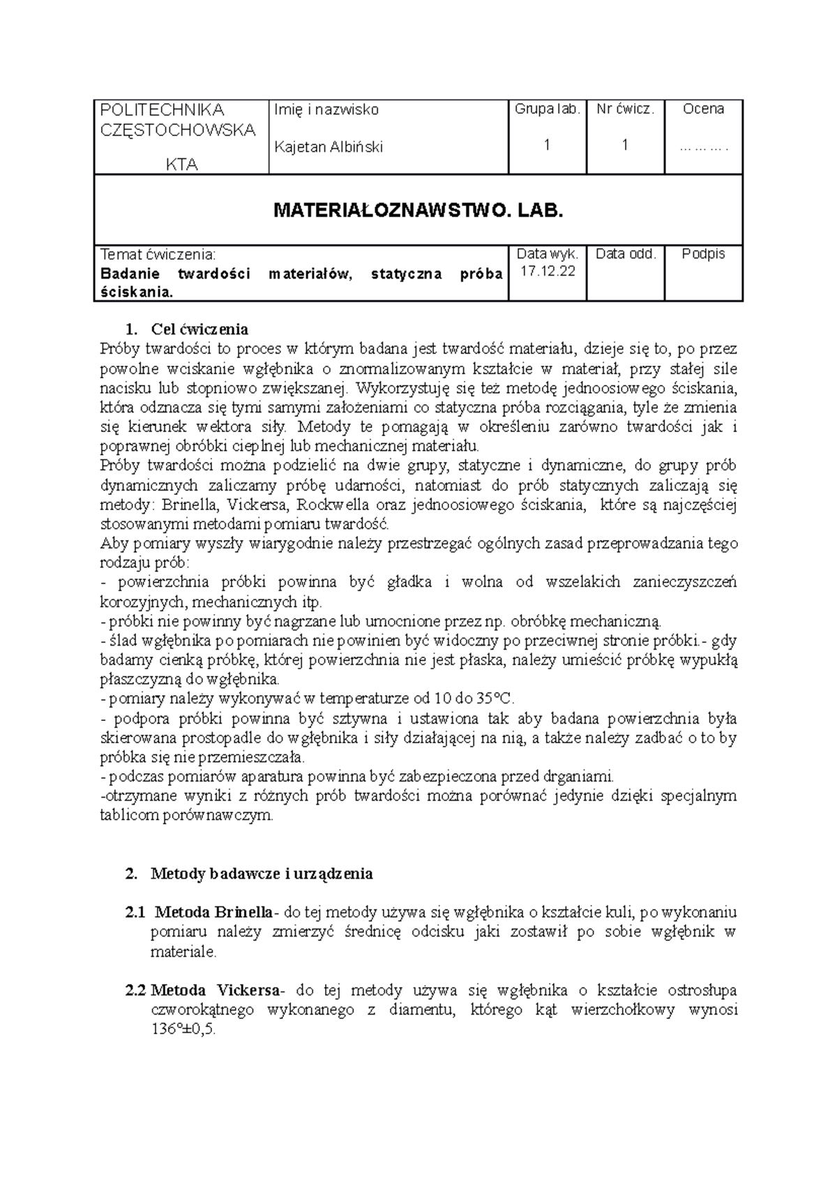 Proby twardosci - POLITECHNIKA CZĘSTOCHOWSKA KTA Imię i nazwisko ...