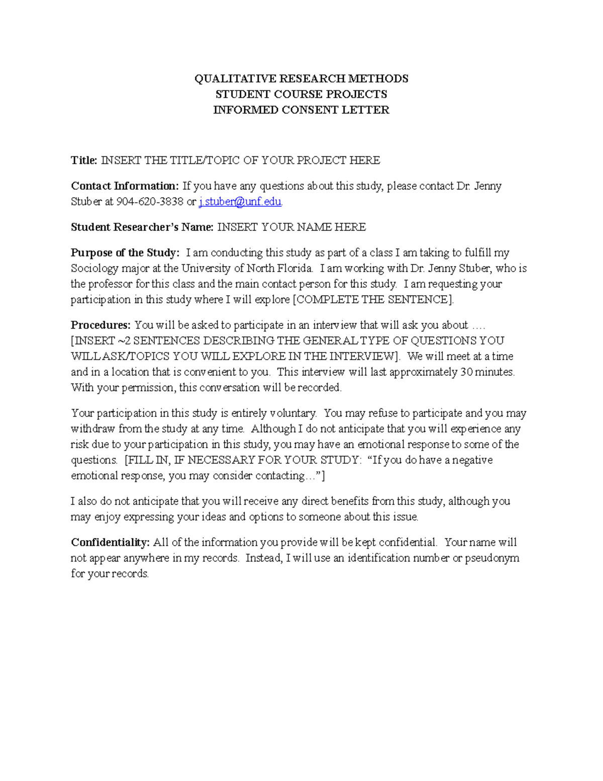 Week 4 (Sept 11) Qualitative Project Approval Informed Consent Letter ...