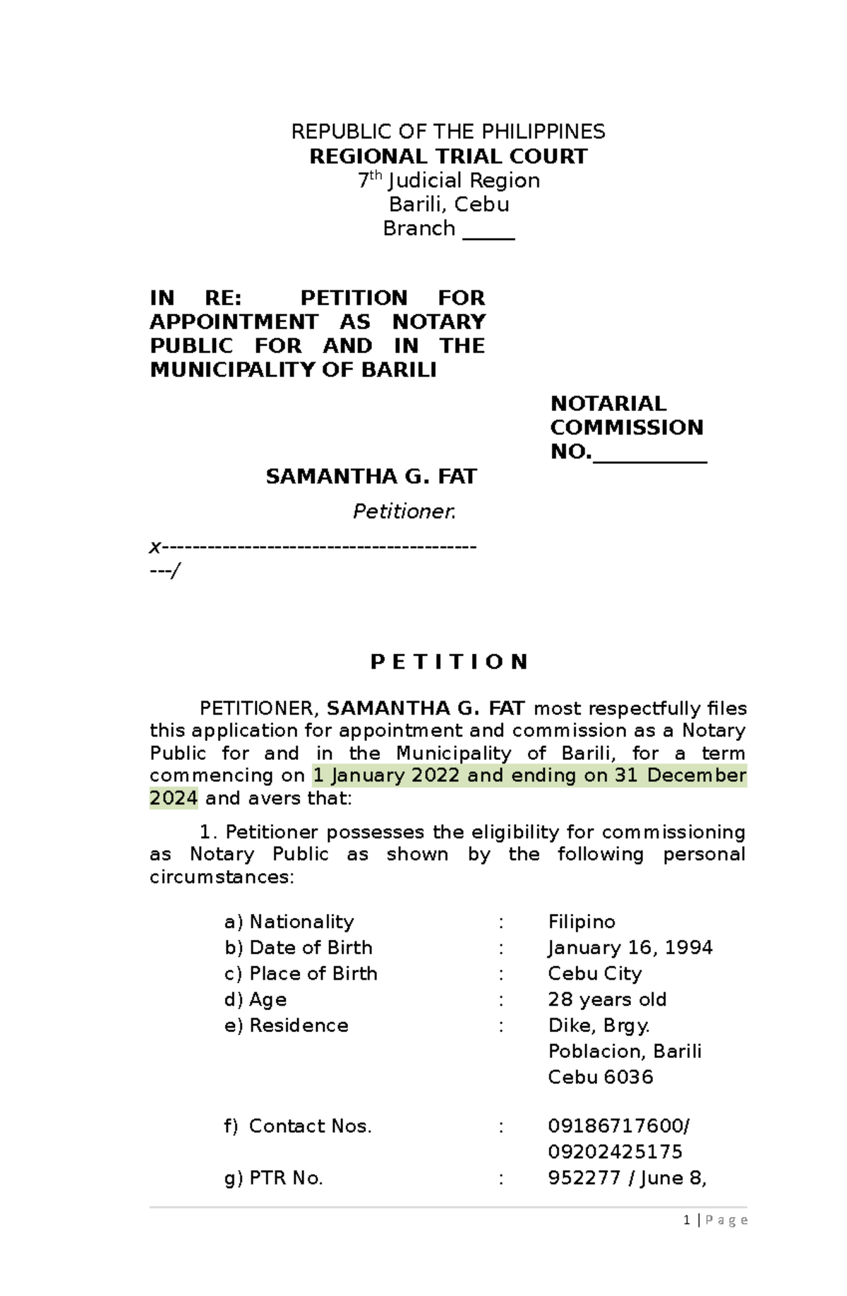 Petition for notary FAT - REPUBLIC OF THE PHILIPPINES REGIONAL TRIAL ...