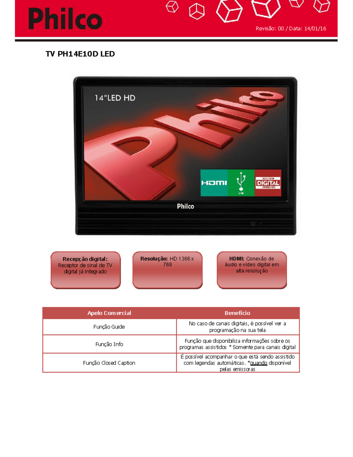 Ficha Tecnica TV PH14E10D LED - Revisão: 00 / Data: 14/01/ TV PH14E10D ...