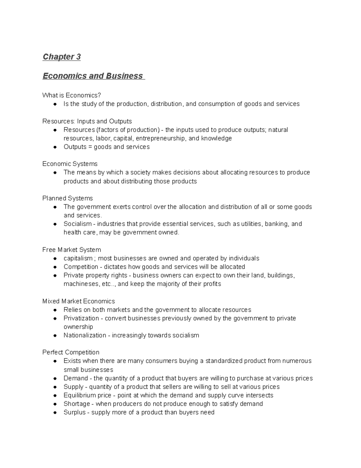 Chapter 3 - Textbook notes - Chapter 3 Economics and Business What is ...