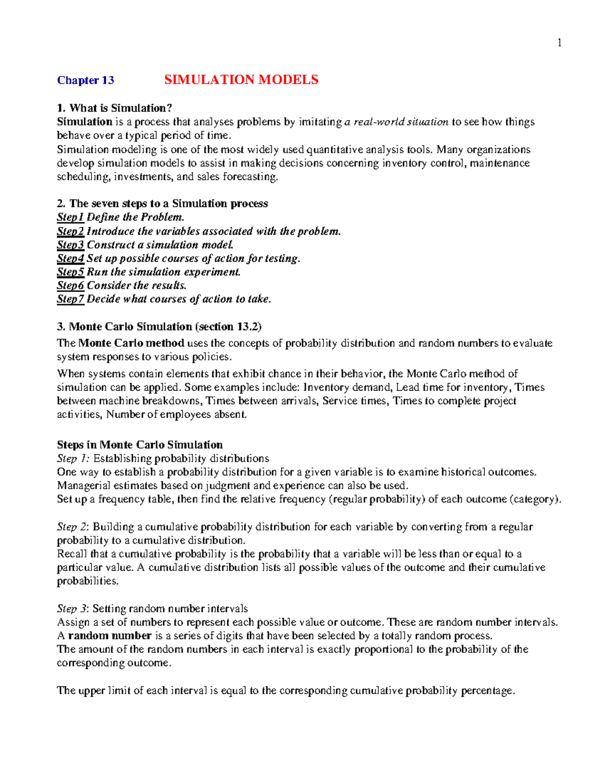 Unit 5 - Chapter 13 Notes - Simulation Models - Chapter 1 3 SIMULATION ...