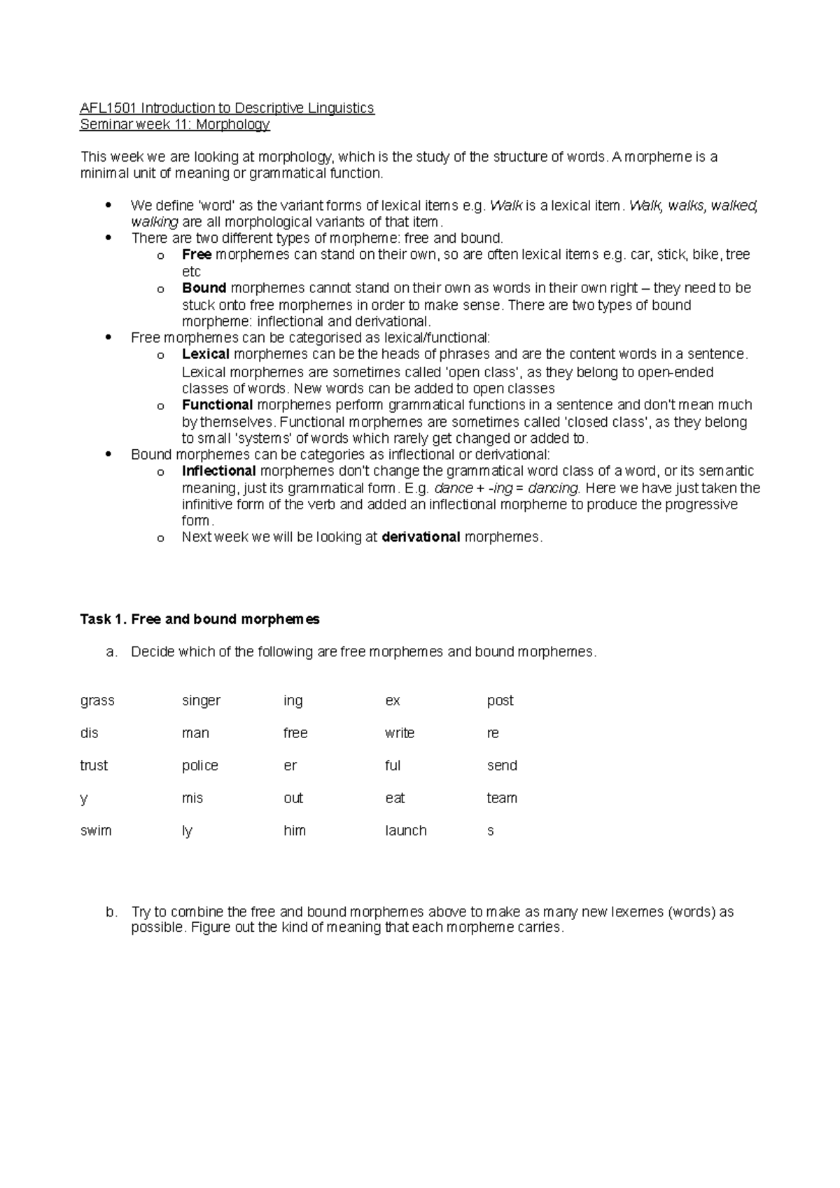 Morphology seminar handout 1 - AFL1501 Introduction to Descriptive ...