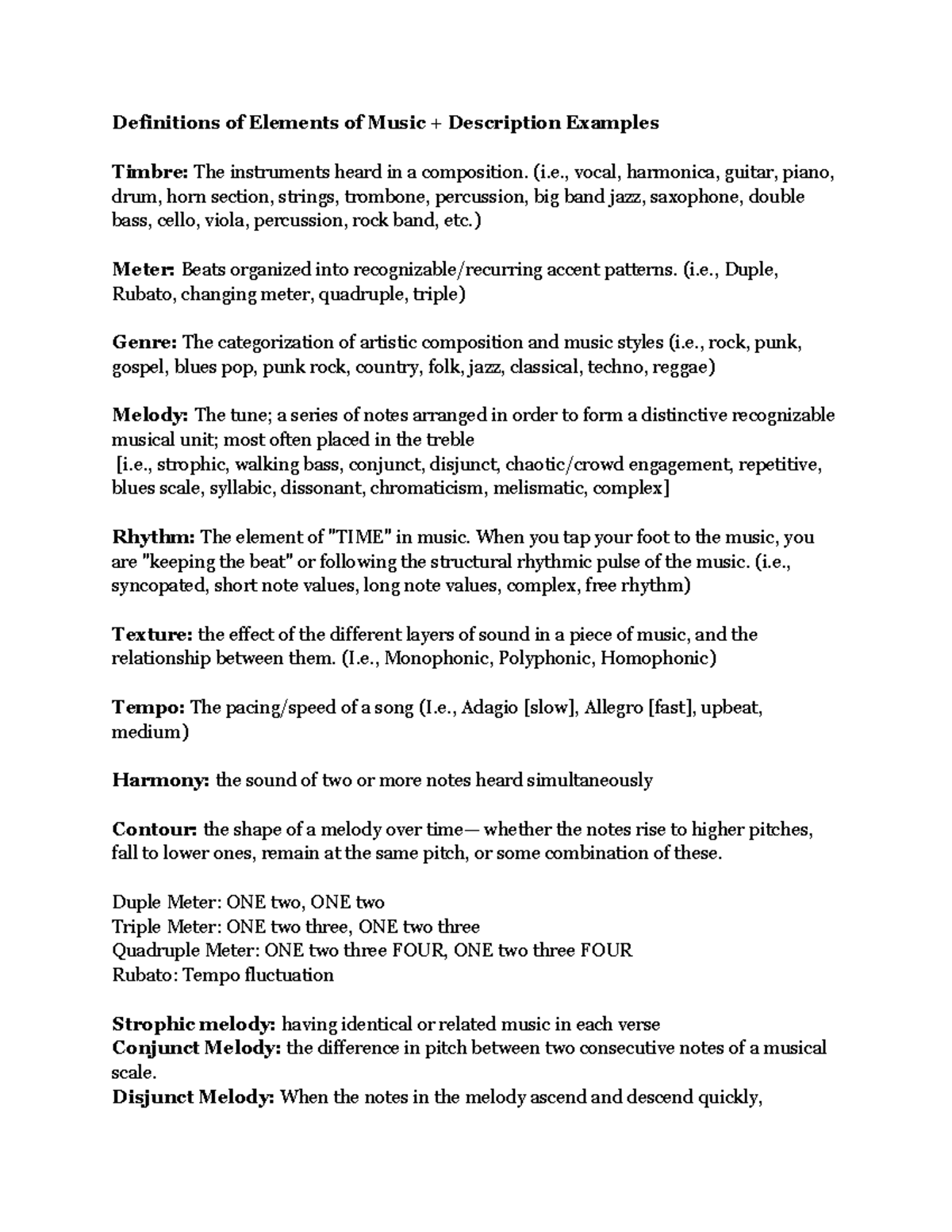 Intro to Music Study Notes - Definitions of Elements of Music ...