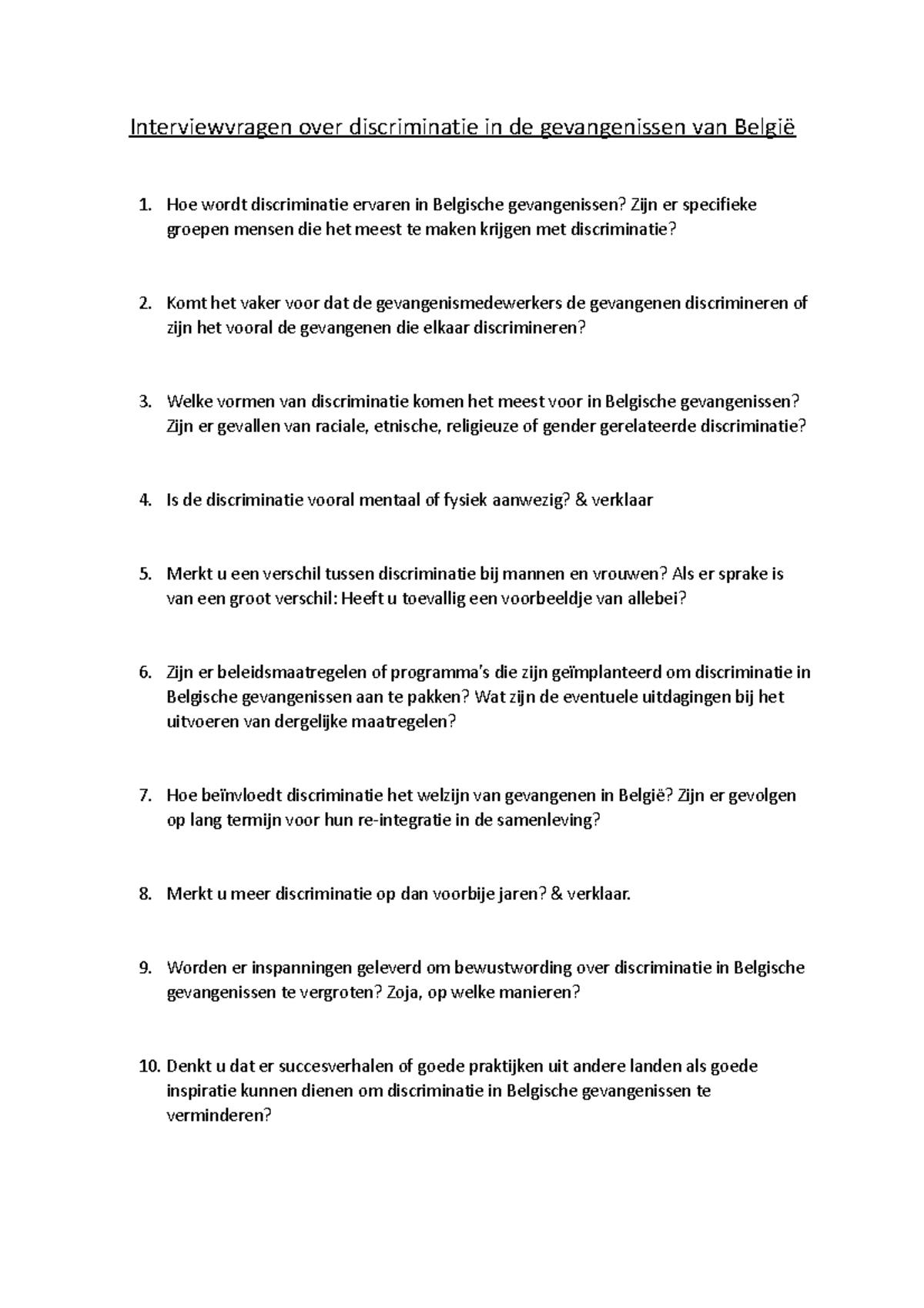 Interviewvragen discriminatie binnen de gevangenissen van België ...