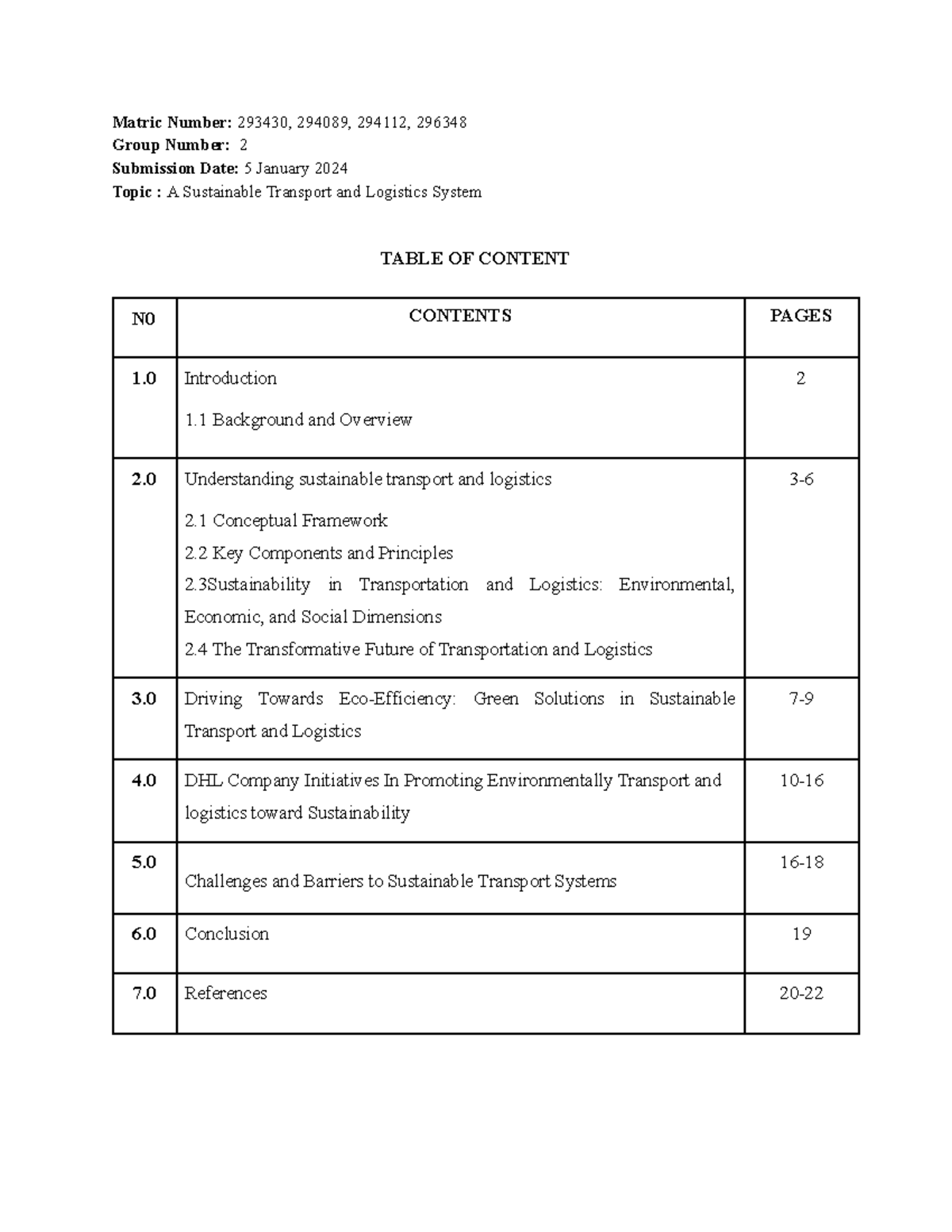 Assignment Logistics - Matric Number: 293430, 294089, 294112, 296348 Group Number: 2 Submission ...