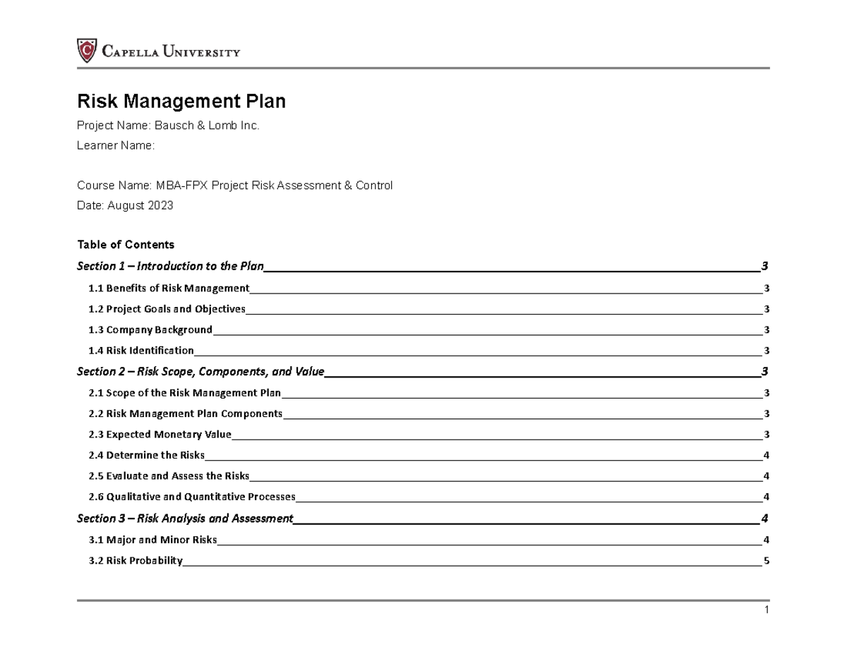 MBA FPX5334 Assessment 5-1 - Risk Management Plan Project Name: Bausch ...