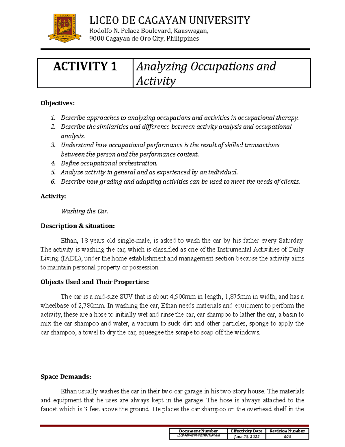 Activity Analysis - ACTIVITY 1 Analyzing Occupations and Activity ...