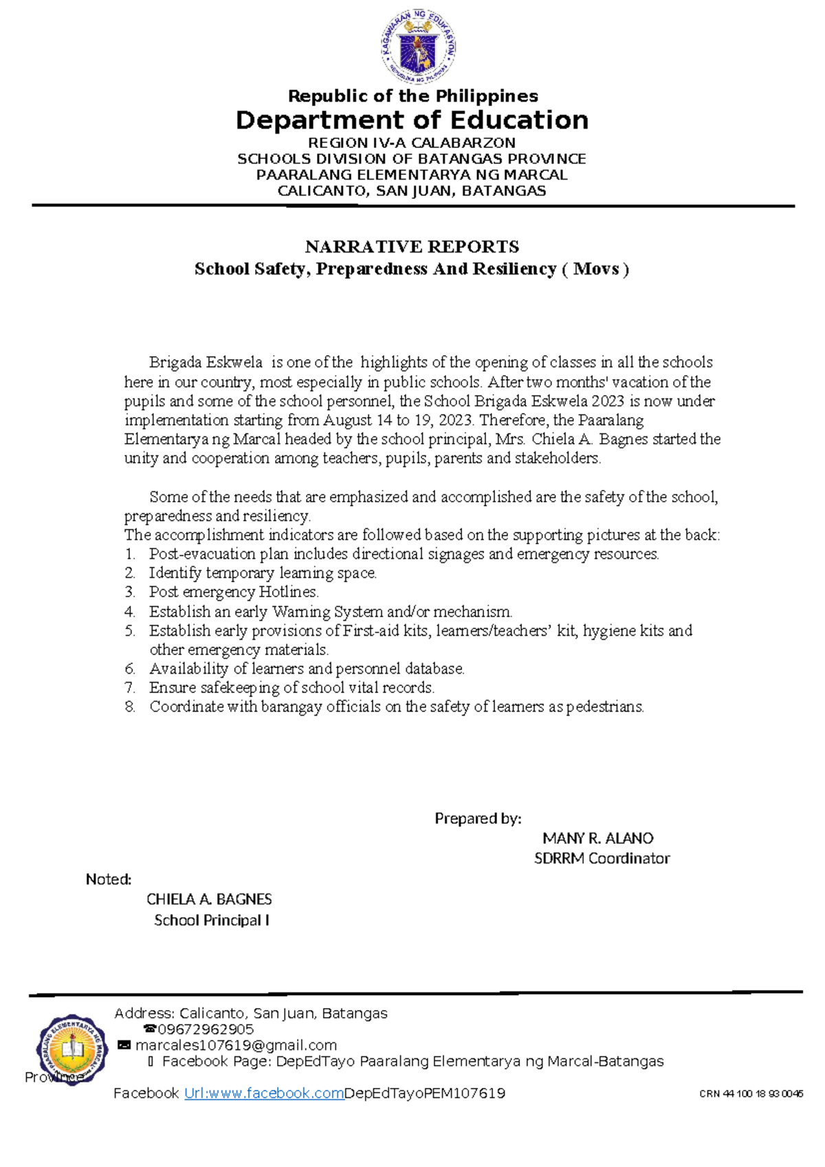 Narrative Report Schools Safety,Preparedness and Resiliency (MOVS ...