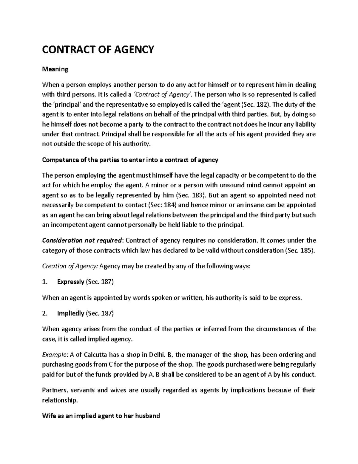 Law of Agency -contract of agency - CONTRACT OF AGENCY Meaning When a ...