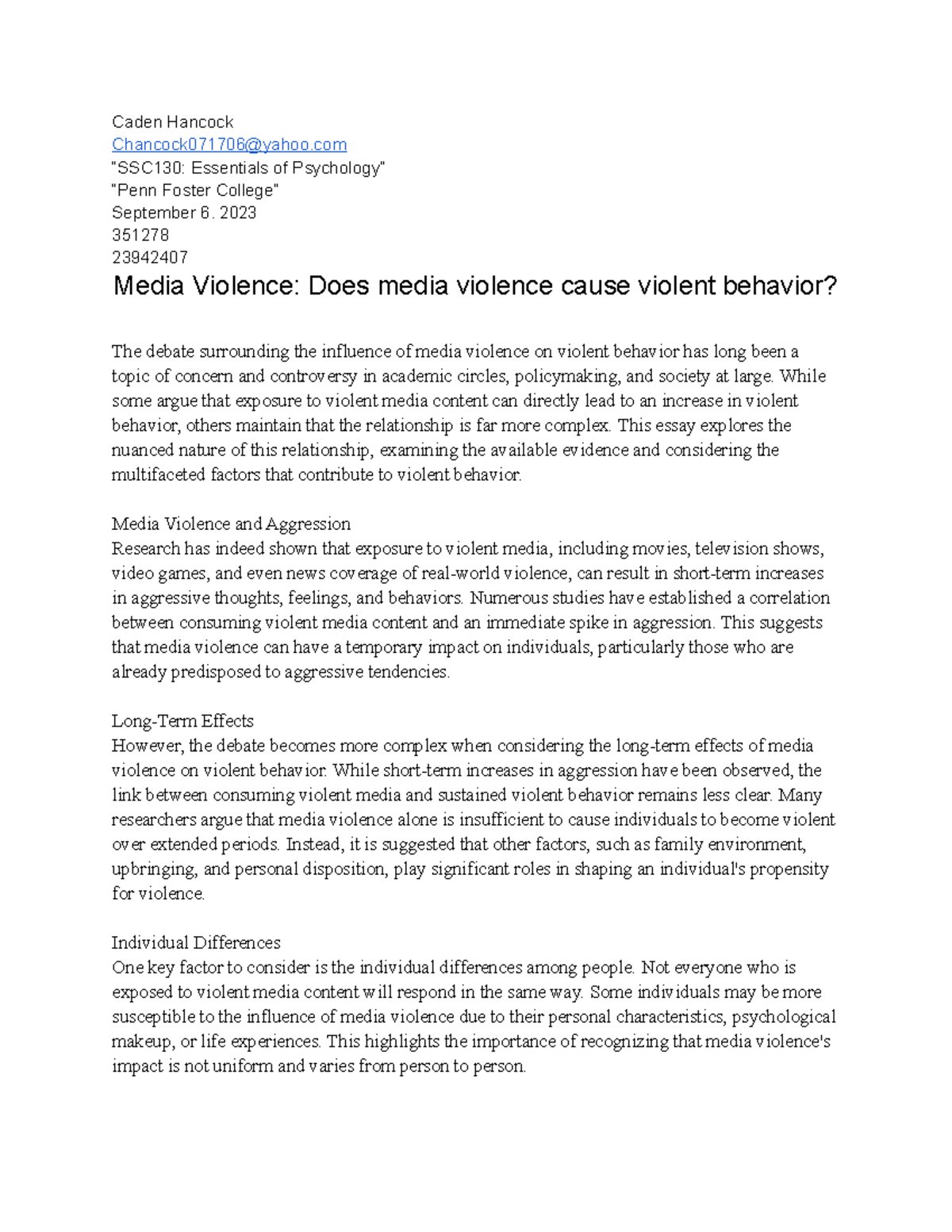 Media Violence - a essay - Caden Hancock Chancock071706@yahoo “SSC130 ...