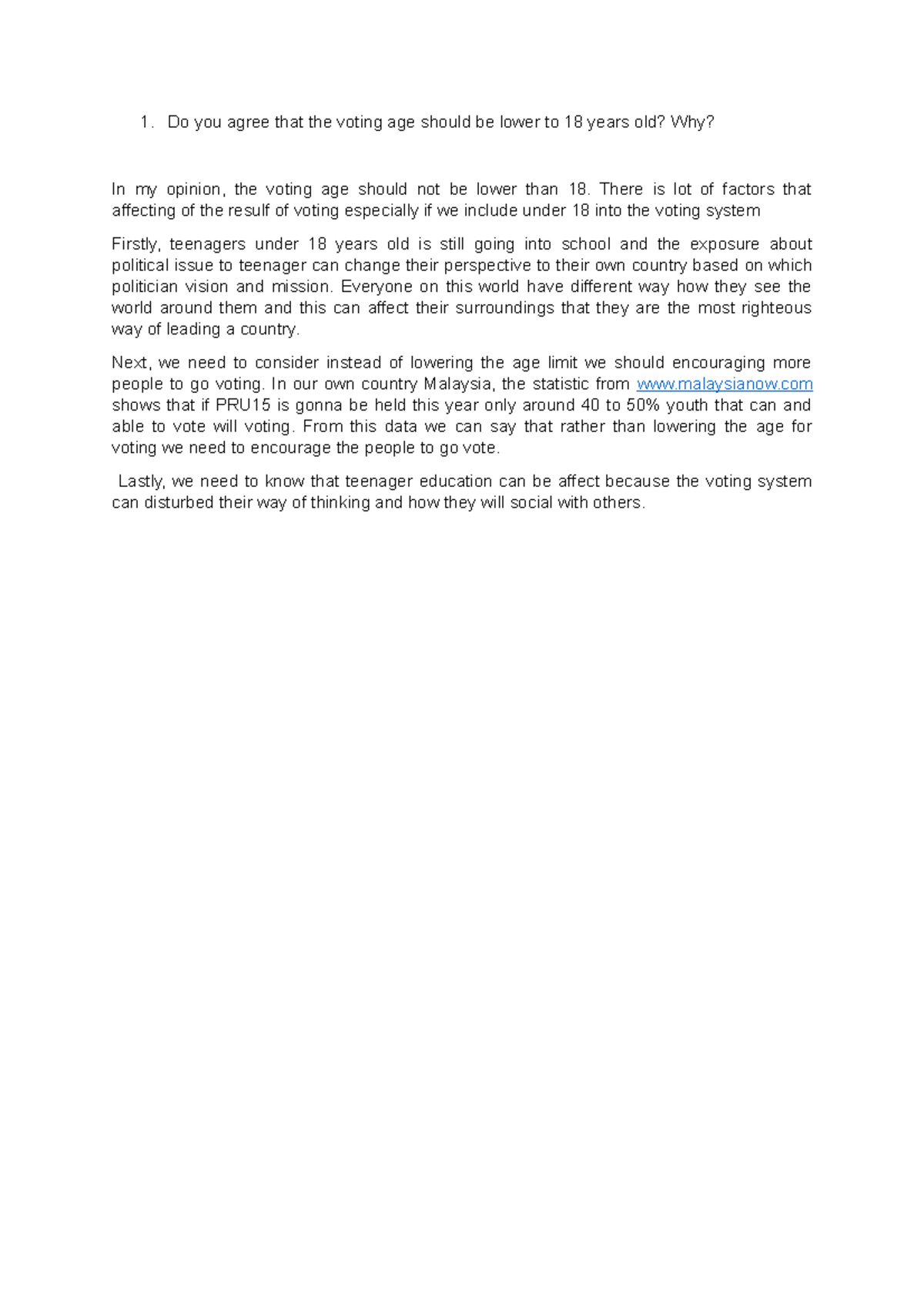 Essay WEEK 4 Exercise on LIRA - Do you agree that the voting age should ...