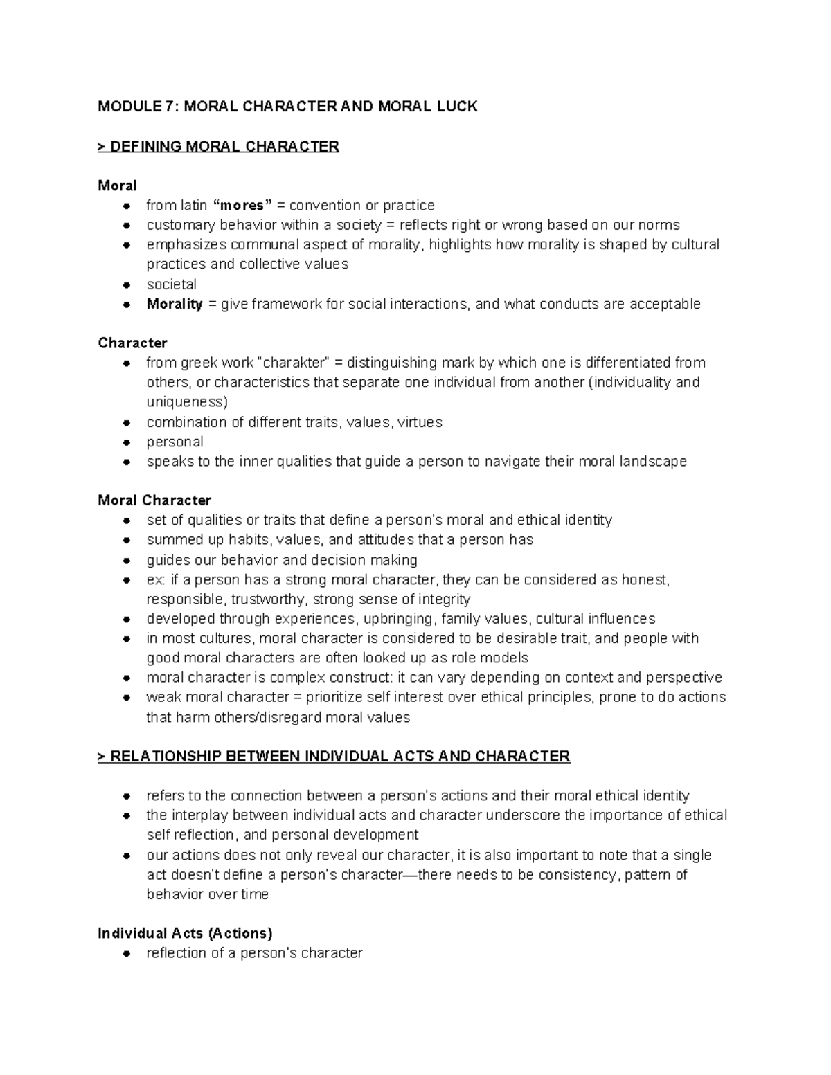 Ethics Final - MODULE 7: MORAL CHARACTER AND MORAL LUCK > DEFINING ...