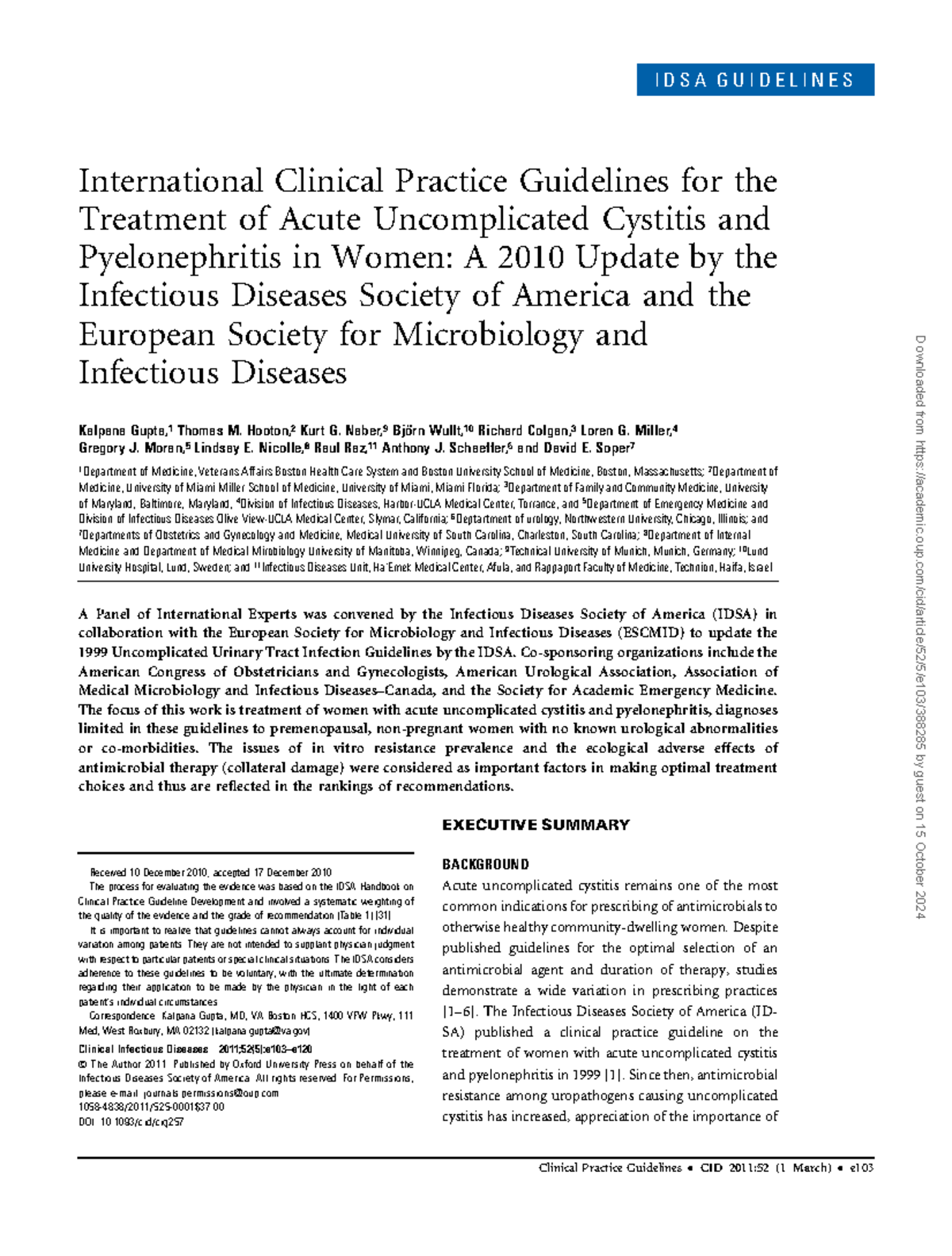 Cpg UTI - clinical guidelines assignment - I D S A G U I D E L I N E S International Clinical ...