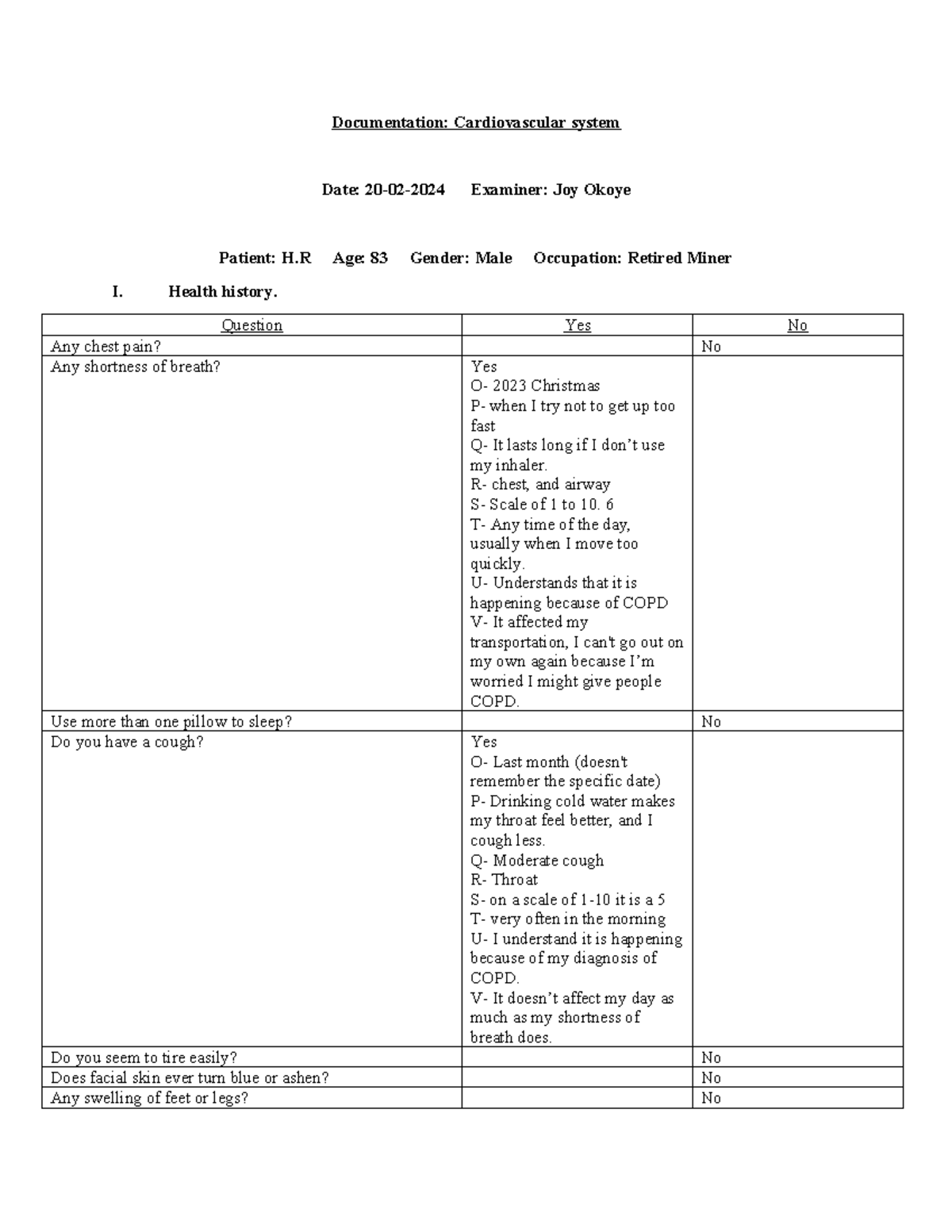 Cardiovascular - Filled up template of how to answer the jarvis assessement - Documentation ...