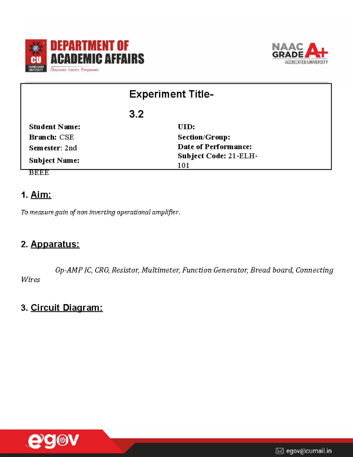 BEEE 8 - experiments - 1. Aim: To measure gain of non inverting operational amplifier. 2 ...