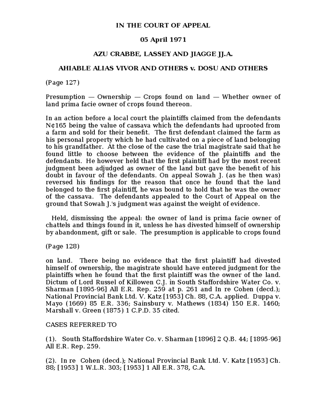 Ahiable v. Dosu - Case law - IN THE COURT OF APPEAL 05 April 1971 AZU ...