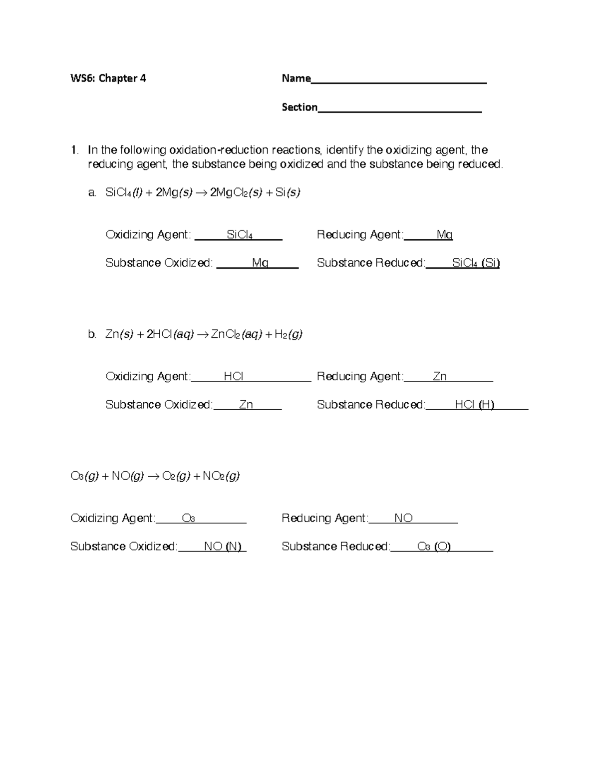 WS6 Redox and Stoichiometry Solutions - WS 6 : Chapter 4 Name