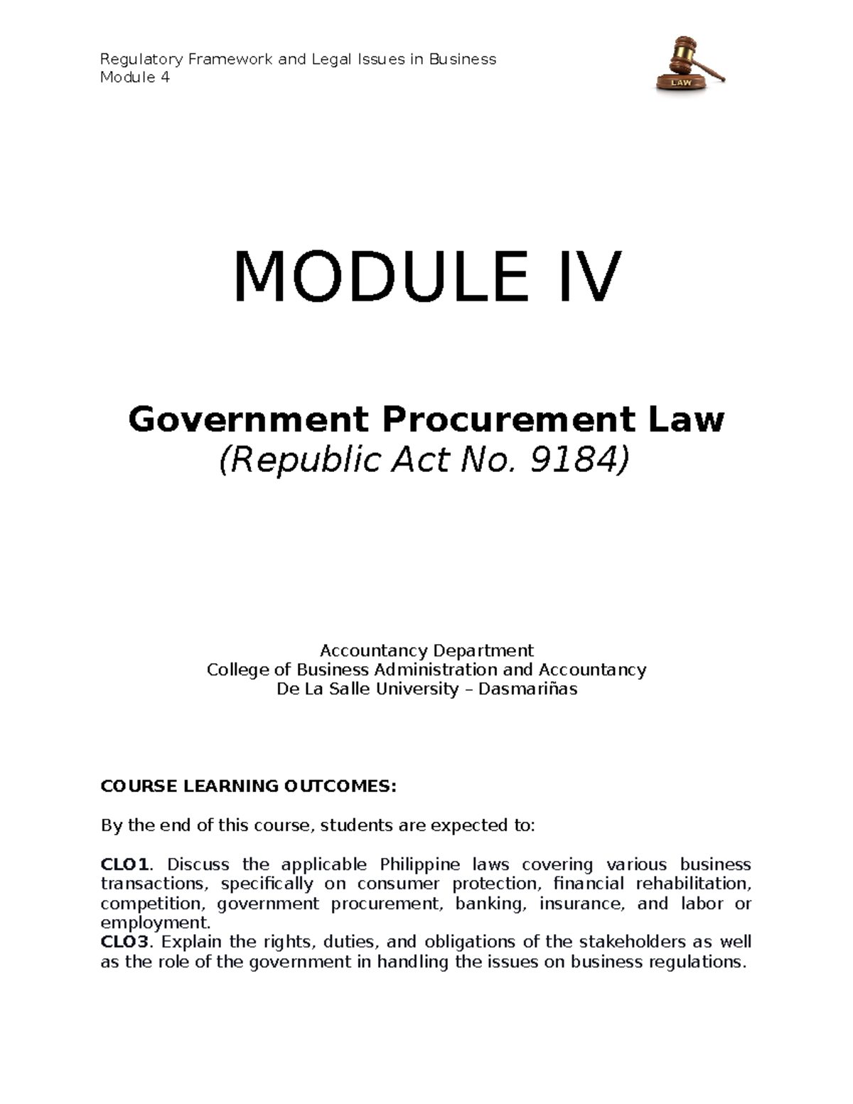 Module 4 - :) - Module 4 MODULE IV Government Procurement Law (Republic ...