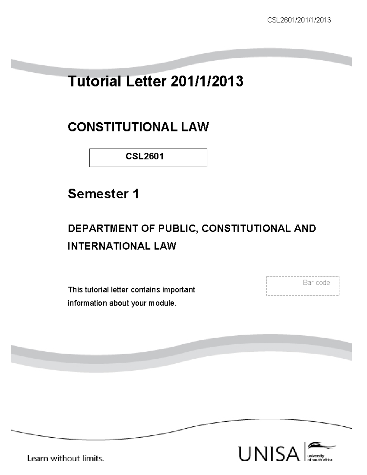 CSL2601 201 2013 1 E - Constitutional Law Tutorial Answers for UNISA ...