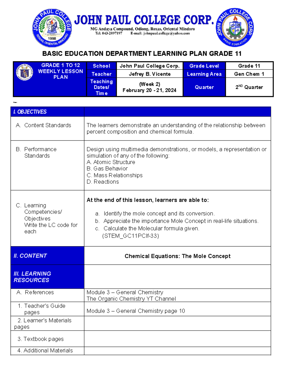 COT-DLP- Format - LP1 Mole Concept - BASIC EDUCATION DEPARTMENT ...
