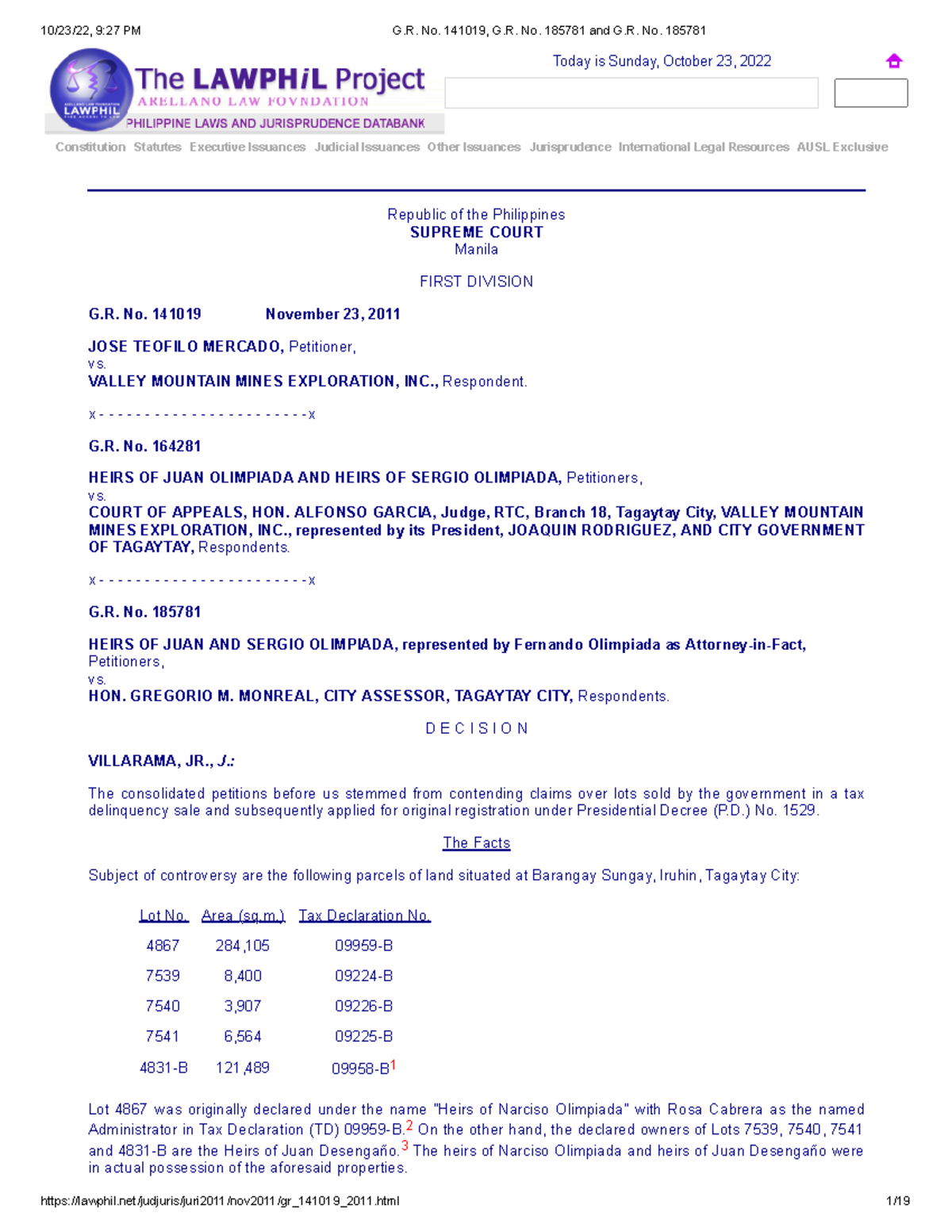 G.R. No. 141019, G.R. No. 185781 and G.R. No. 185781 ...