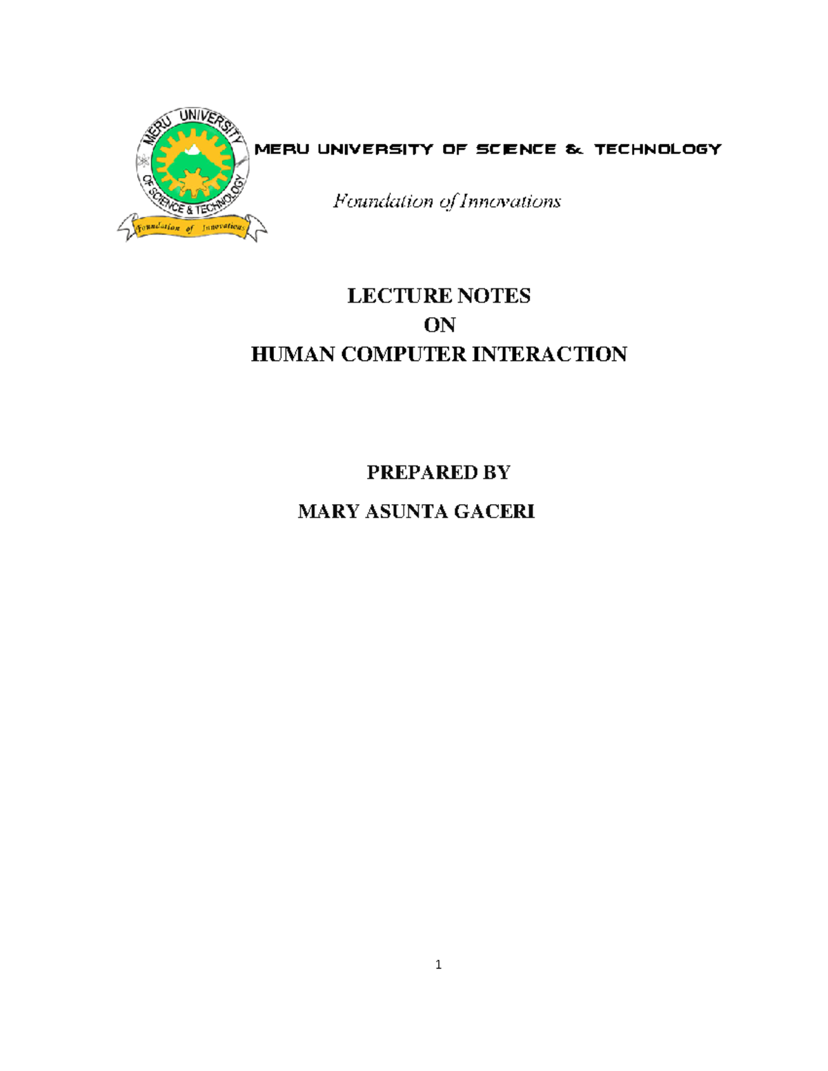 Cit 3300 Hci Lecture Notes Part 1 Lecture Notes On Human Computer 0237
