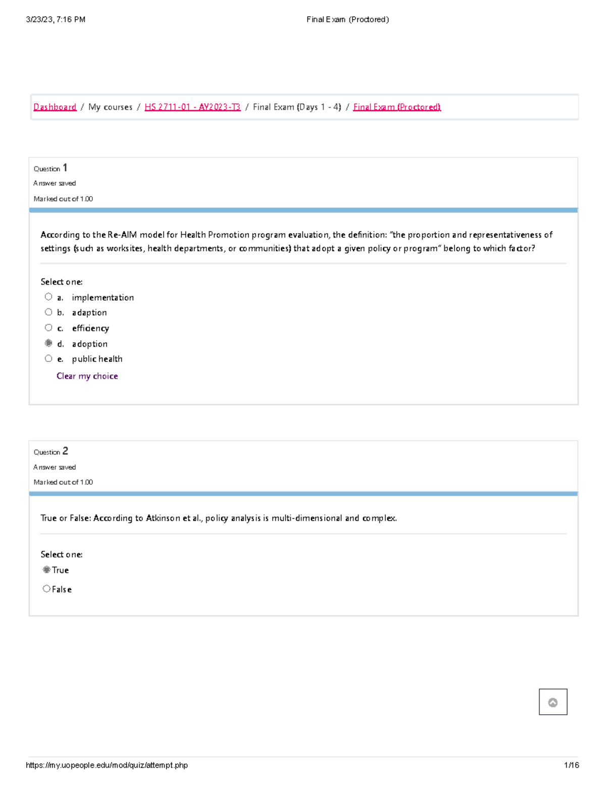 Final Exam (Proctored) Review - Question 1 Answer saved Marked out of 1 ...