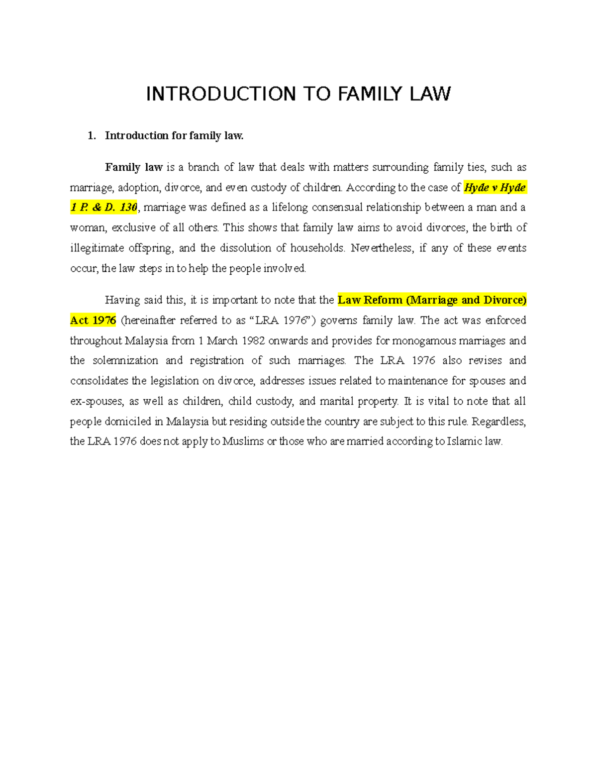 Introduction TO Family LAW - INTRODUCTION TO FAMILY LAW 1. Introduction ...