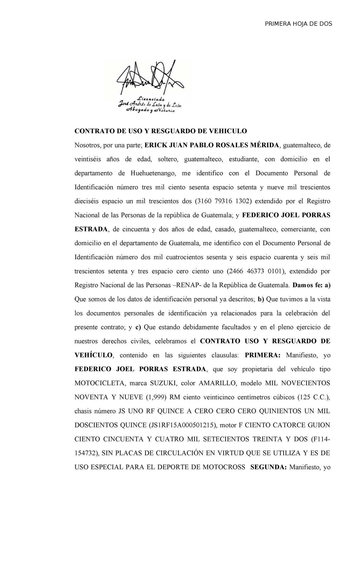 Contrato de Uso Vehículo - PRIMERA HOJA DE DOS CONTRATO DE USO Y ...