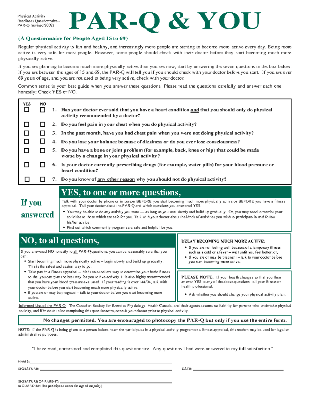 PAR Q AND YOU - Physical Activity Readiness Questionnaire - PAR-Q ...