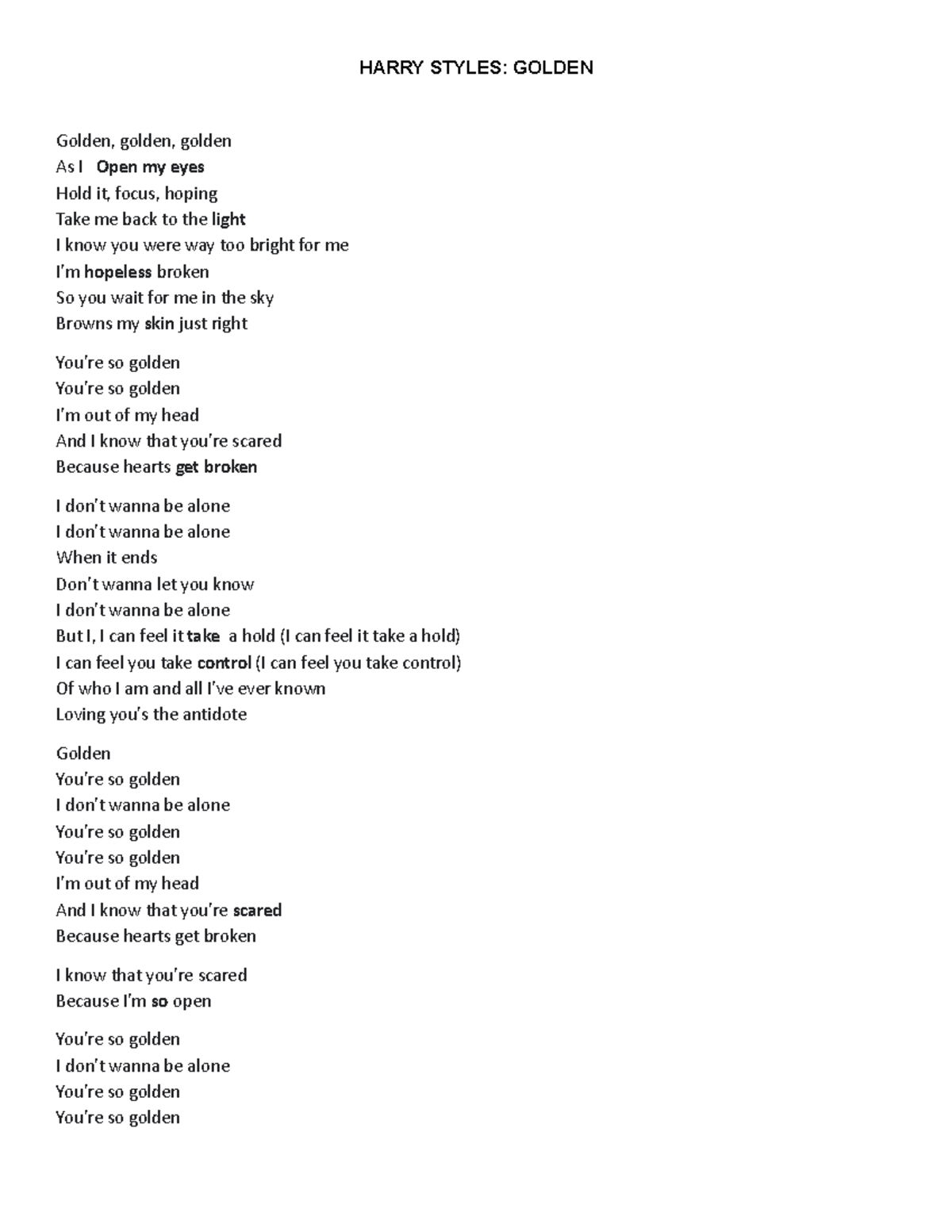 Lyrics with Harry - HARRY STYLES: GOLDEN Golden, golden, golden As I ...