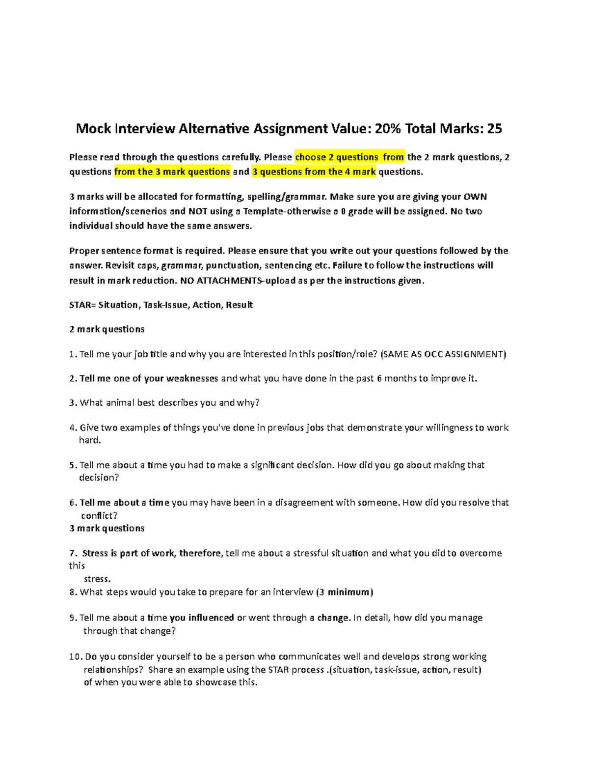 Mock Final 25(n) - Good knowledge of the course - Mock Interview Alternative Assignment Value ...