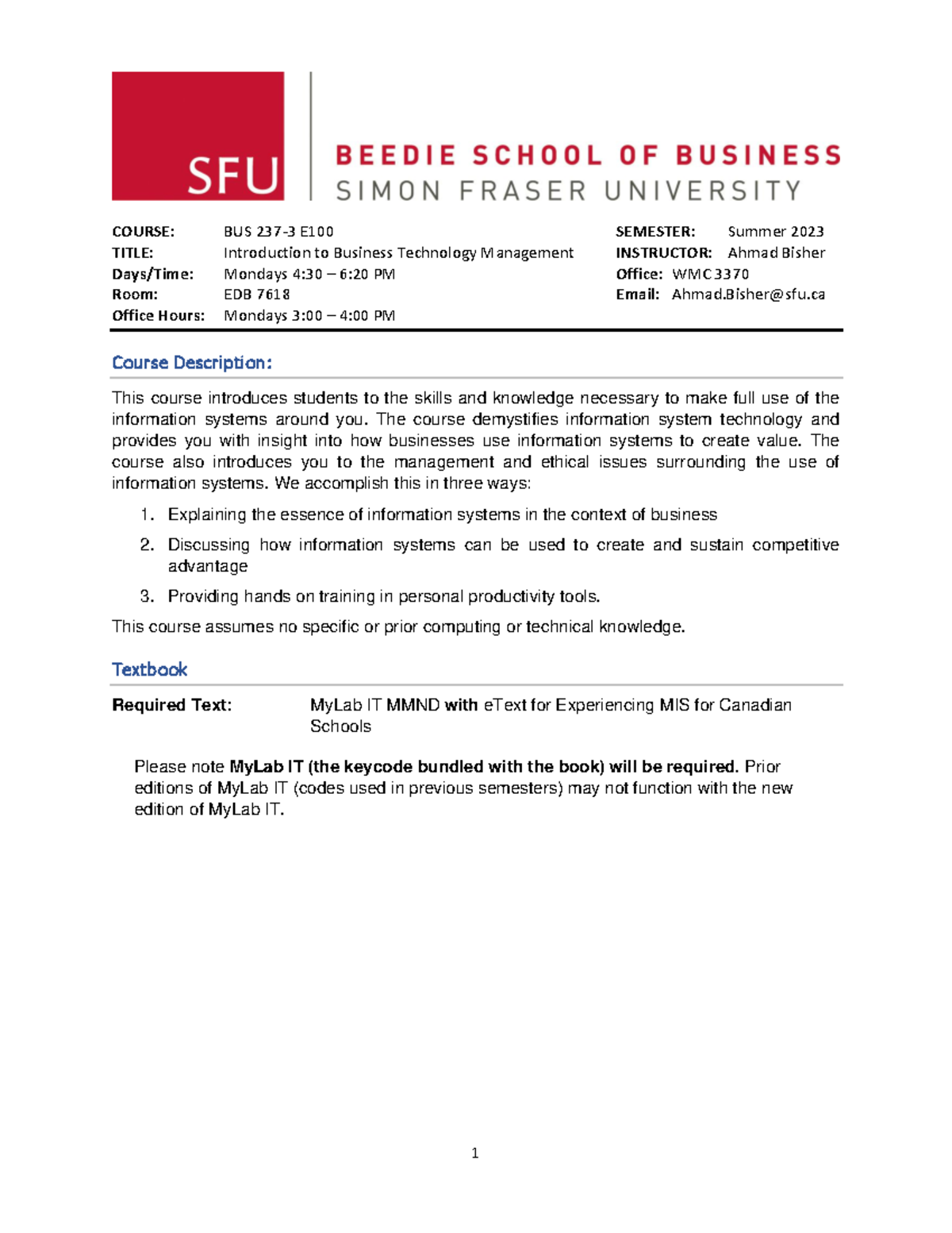 BUS 237 Course Outline - COURSE: BUS 237- 3 E 100 SEMESTER: Summer 2023 ...
