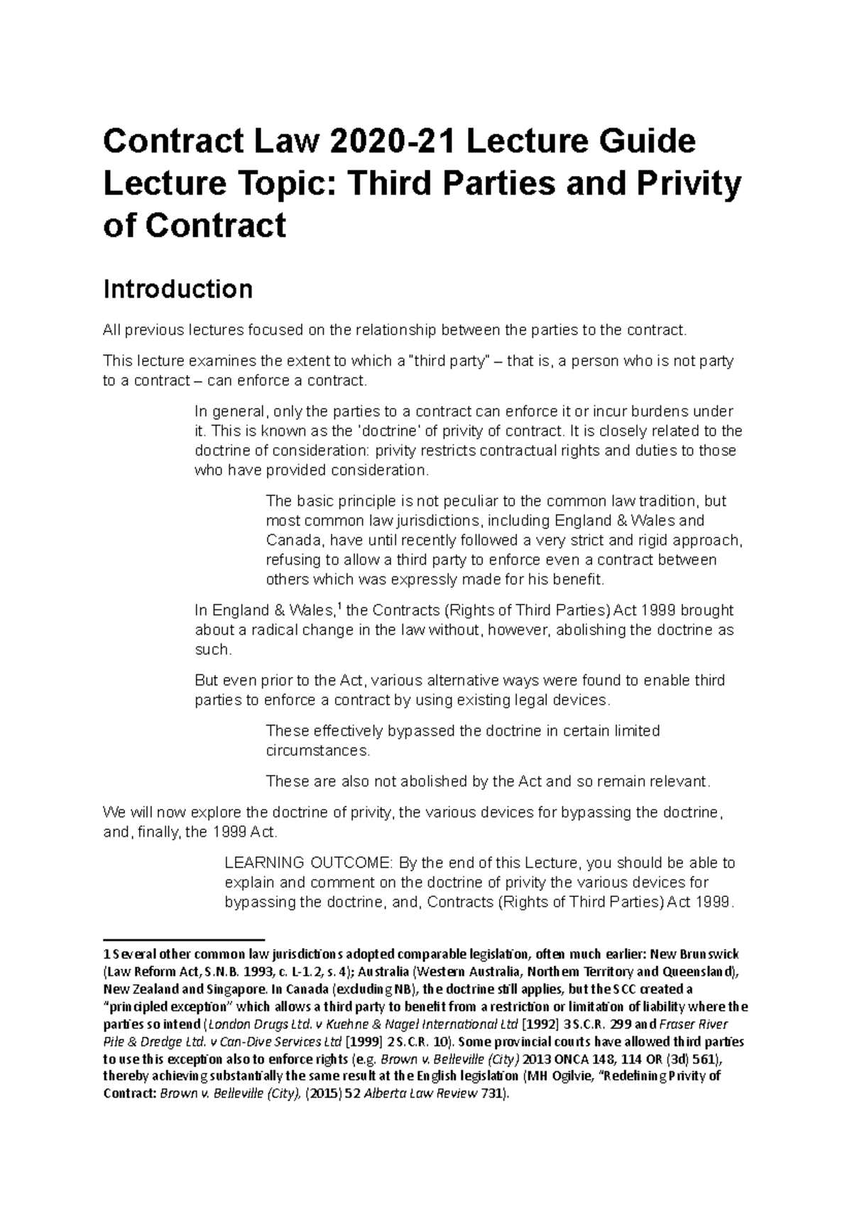 000 Contract Law 2020-21 Third Parties Lecture Guide - Contract Law 2020-21 Lecture Guide ...