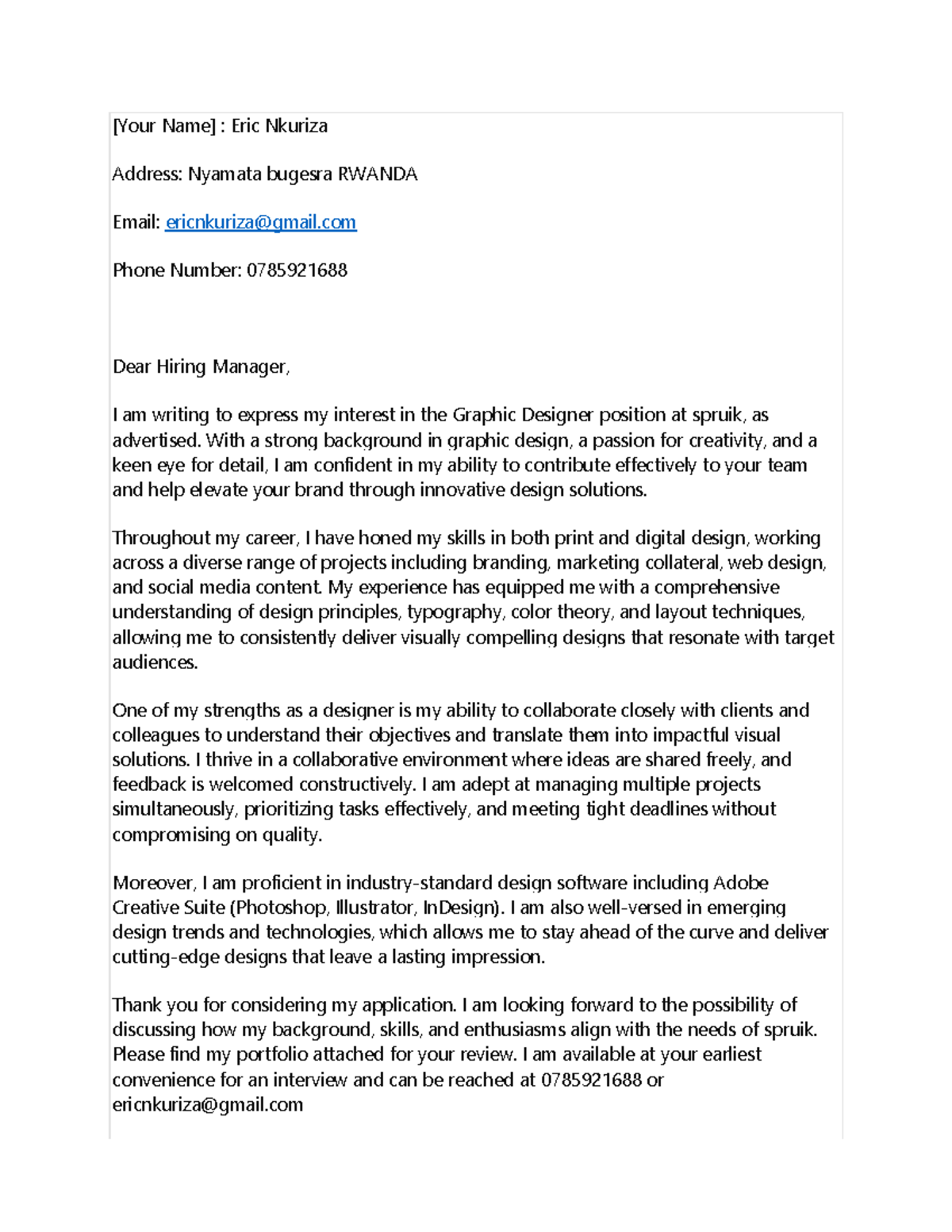 Cover letter - [Your Name] : Eric Nkuriza Address: Nyamata bugesra ...