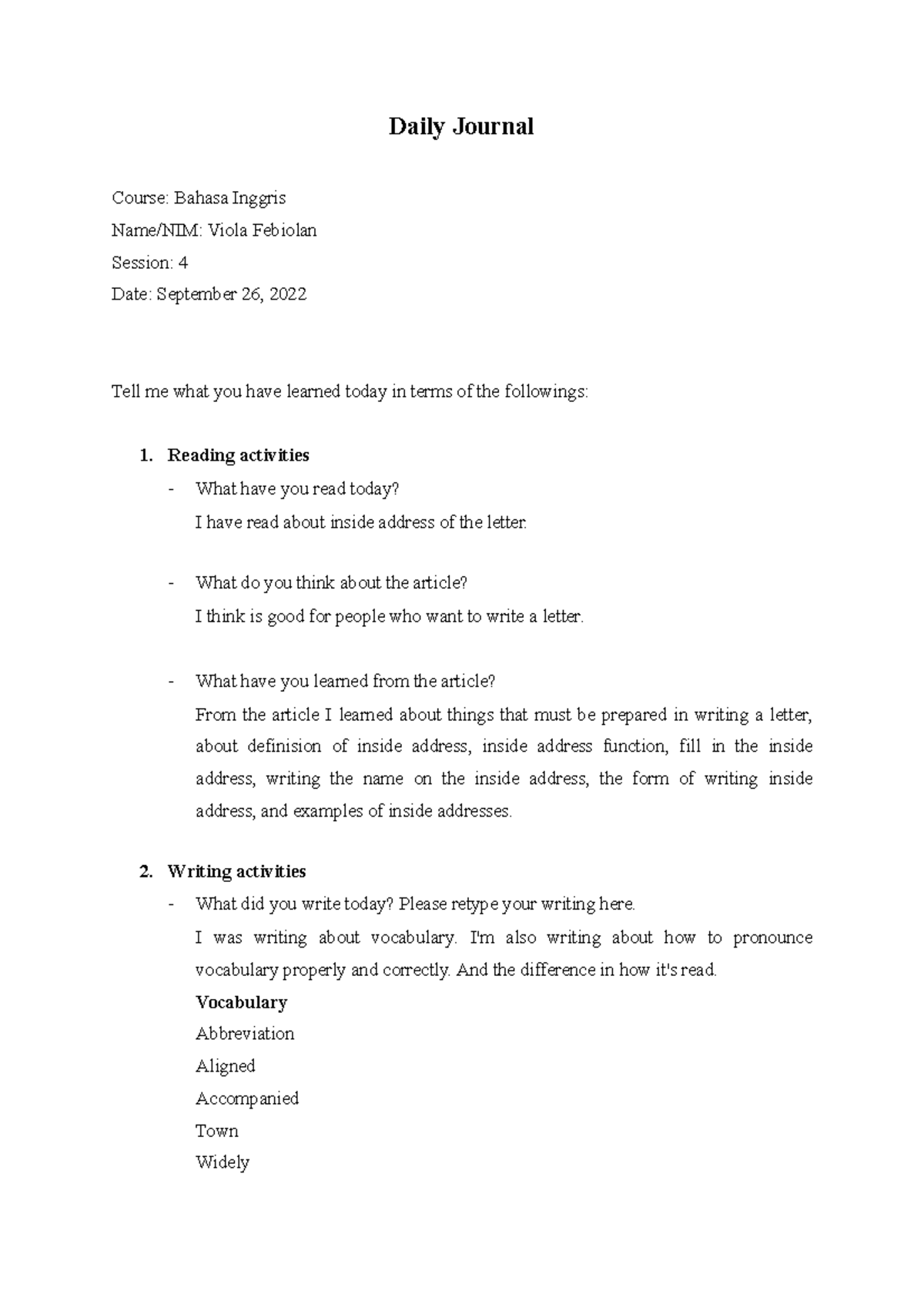 Daily journal at English Course to reflect student's understanding ...