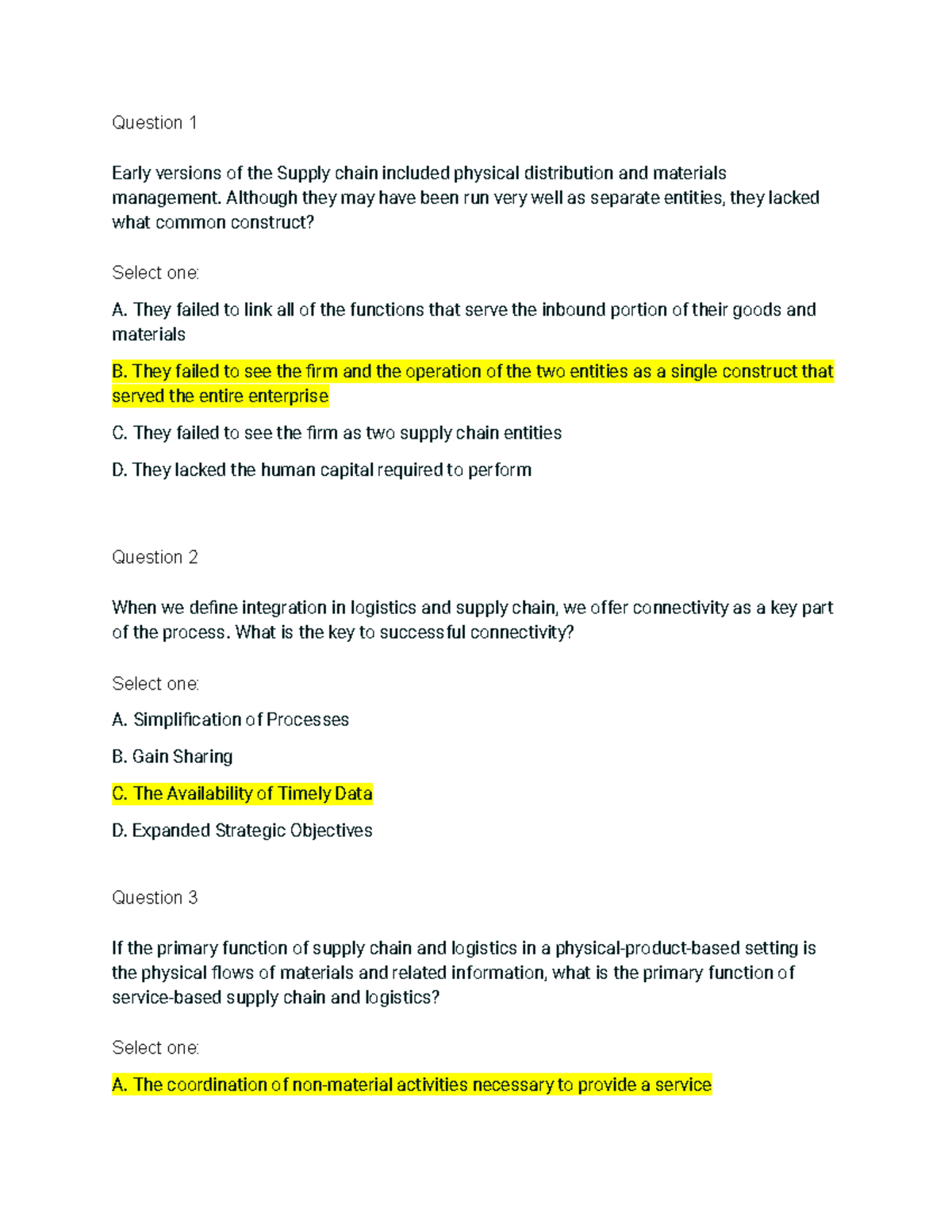 Quiz 10 - Logistics & Supply Chain - Question 1 Early versions of the ...