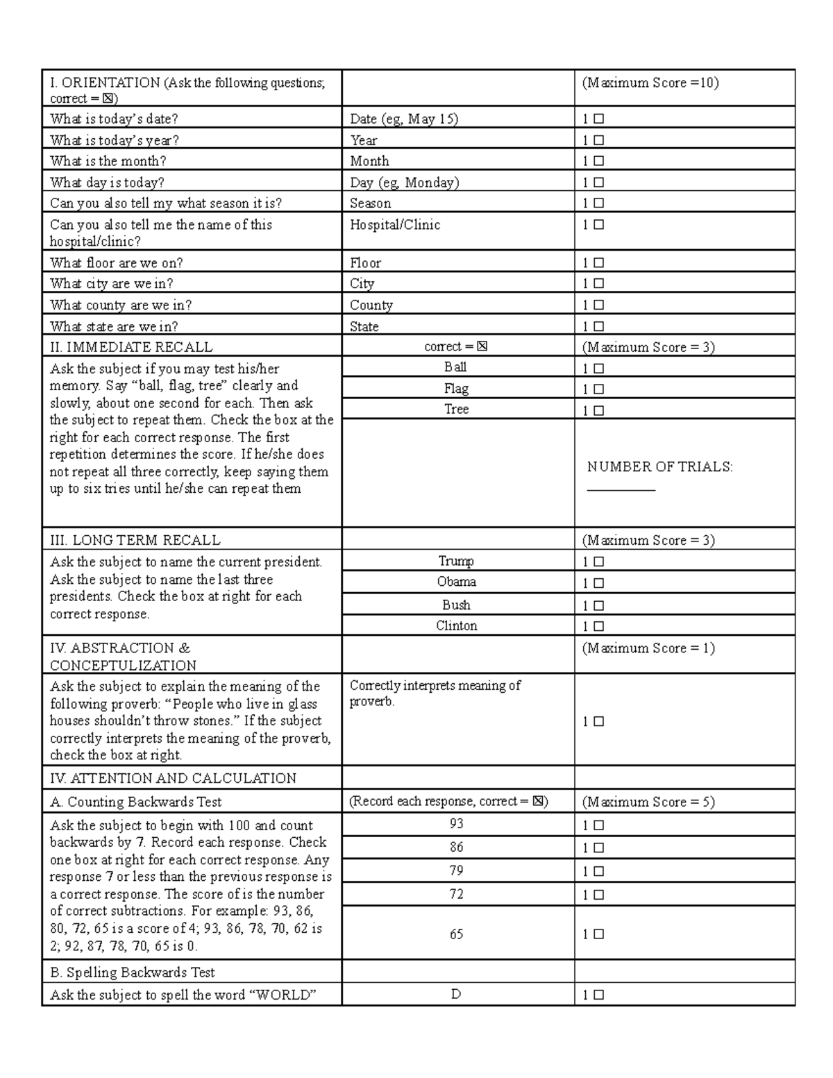 Psych clinical Modified MSE Tool - I. ORIENTATION (Ask the following ...
