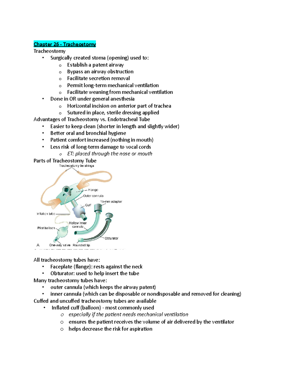 Chapter 26 - lecture notes - Chapter 26 - Tracheostomy Tracheostomy ...