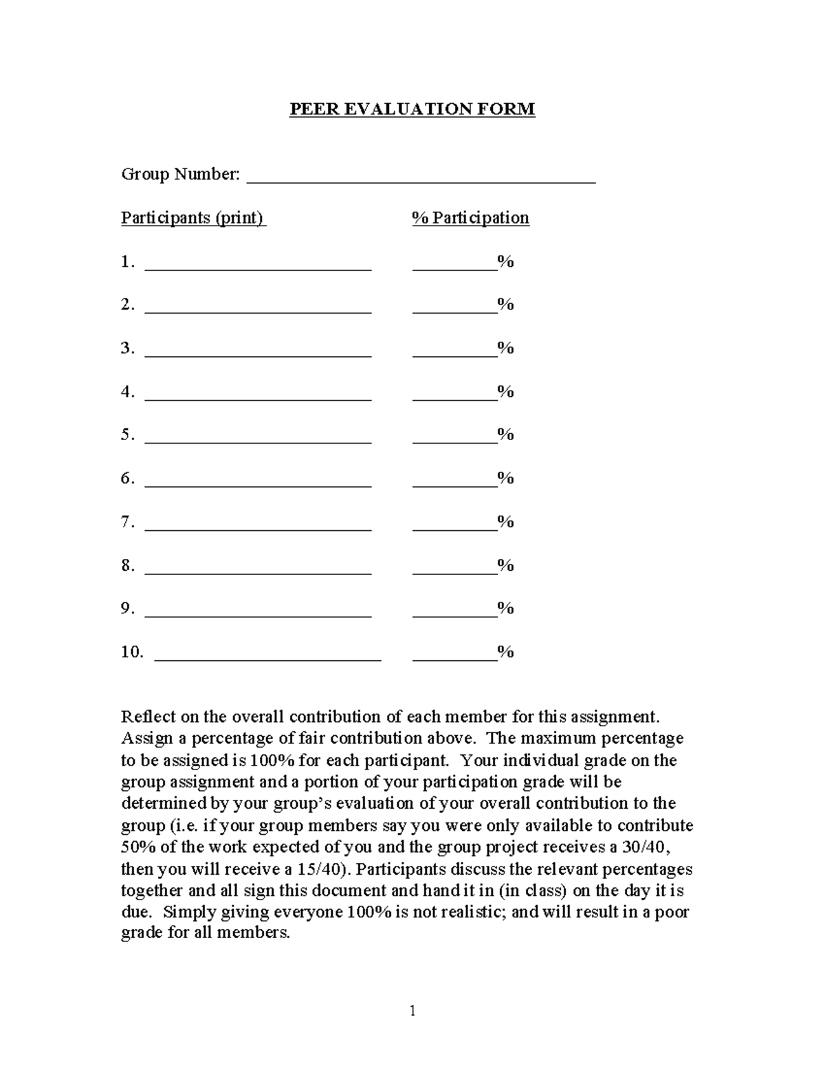 ENT 101 Peer Evaluation Form - 1 PEER EVALUATION FORM Group Number ...