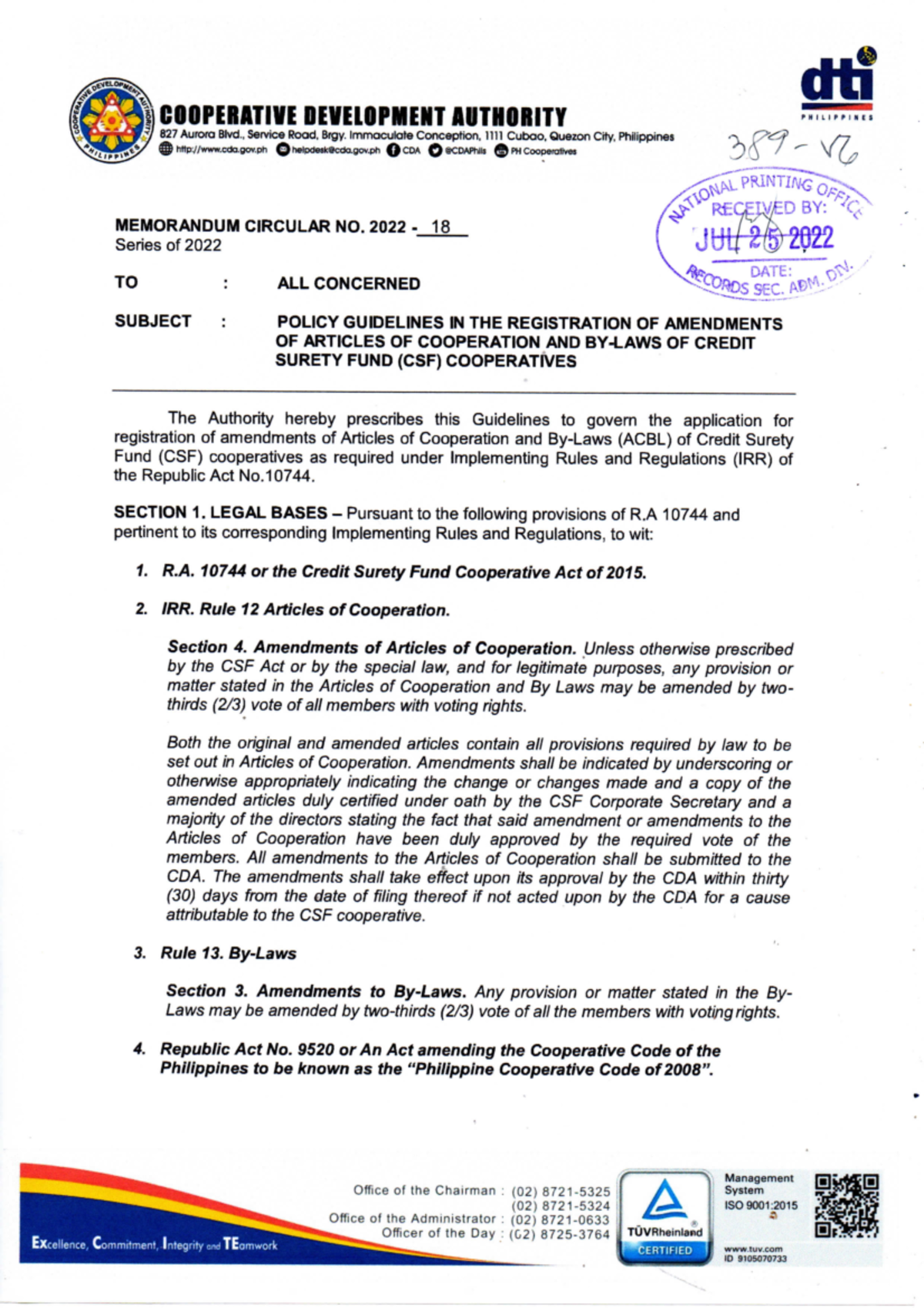 Policy Guidelines in the Registration of Amendments of Articles of ...